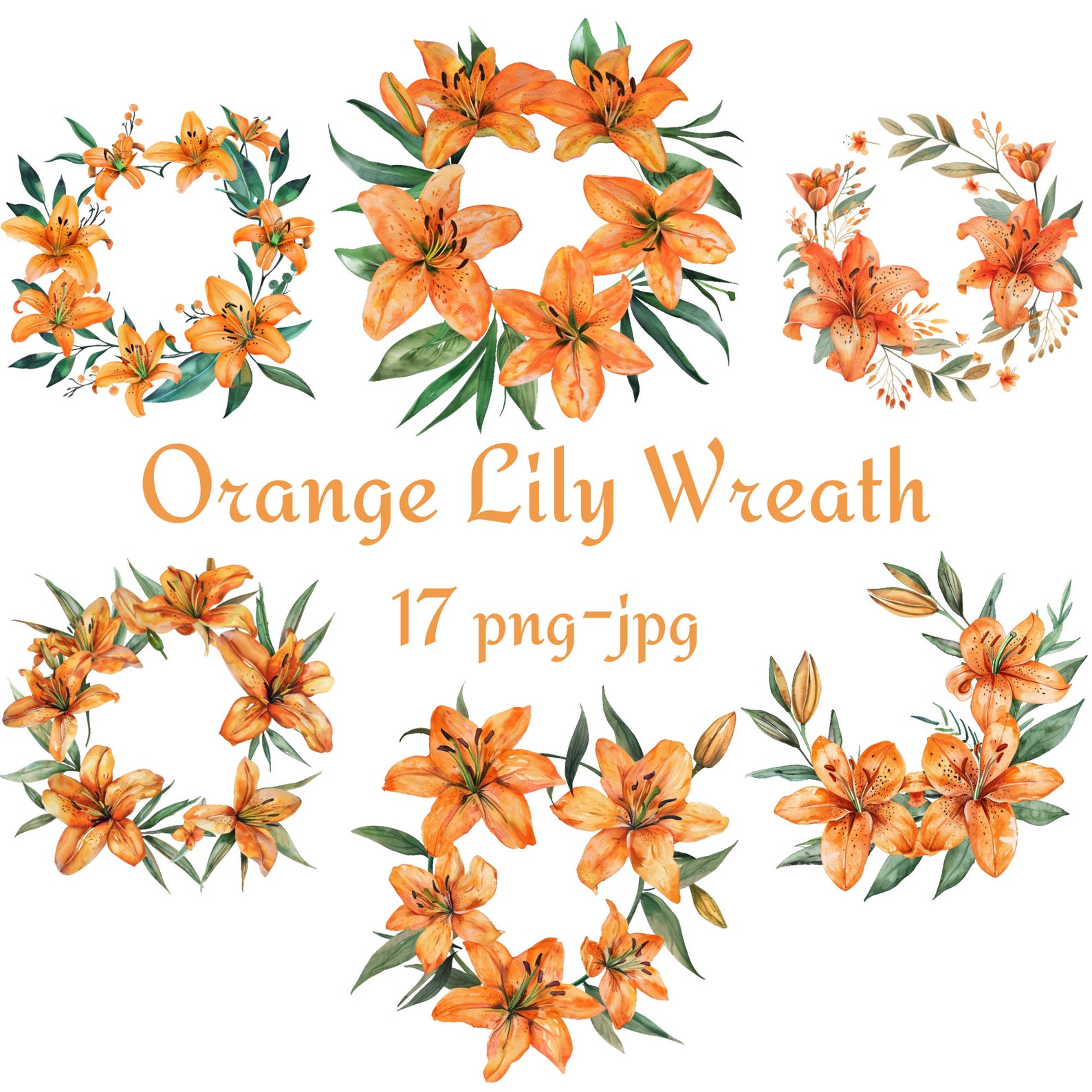 17 Orange Lily Wreath Clipart, Wedding Bridal Shower Orange Lily Wreath ...