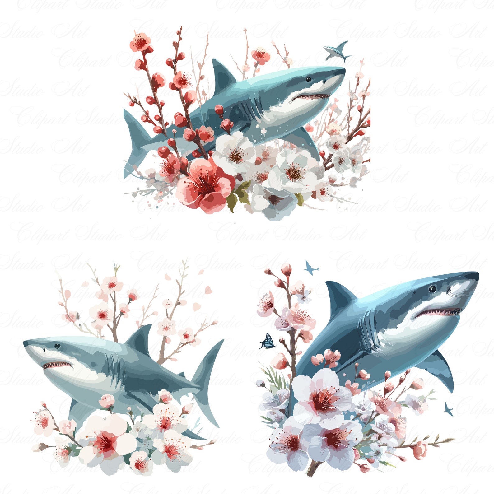 16 Great White Shark Spring Flowers Clipart, Watercolor Great White ...