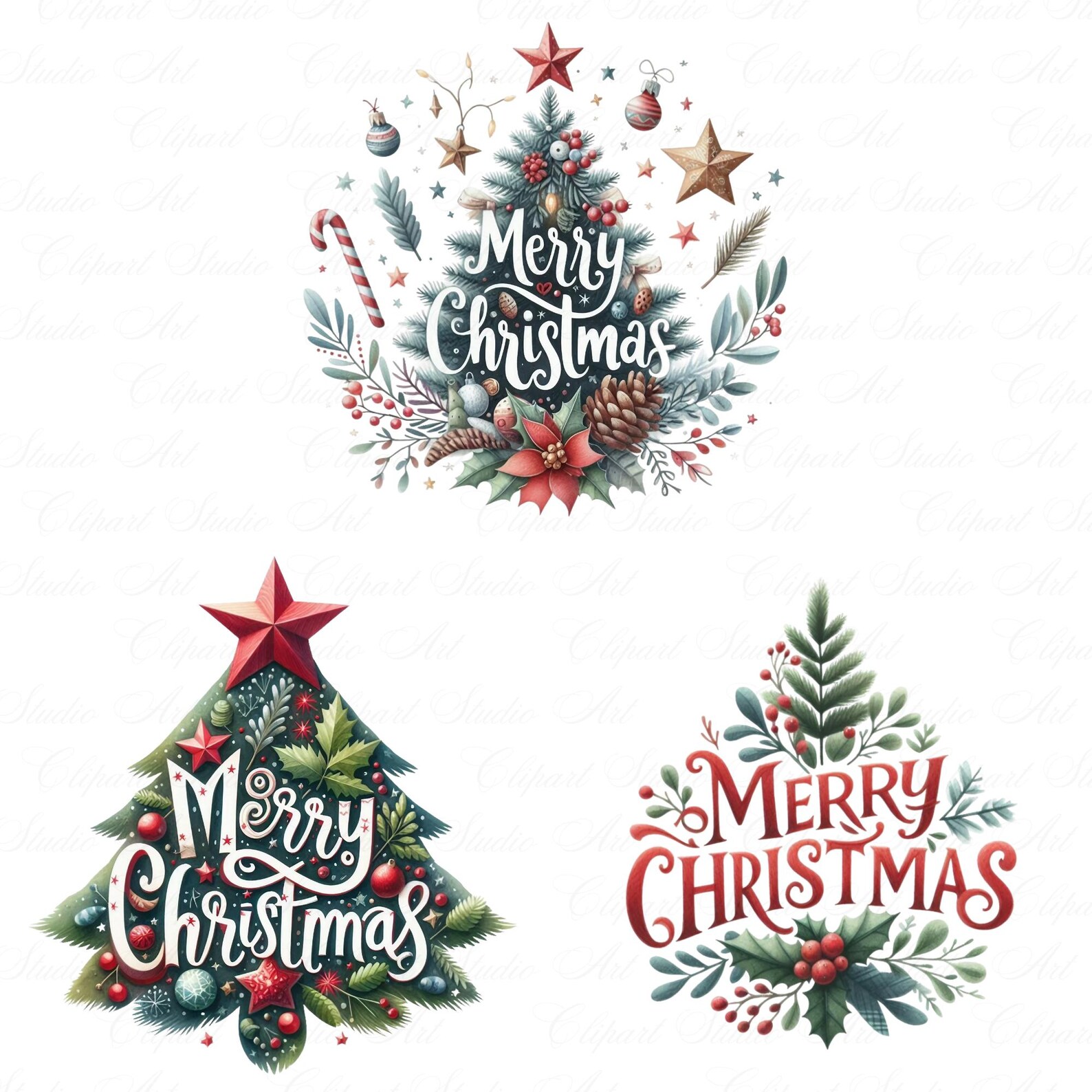 18 Merry Christmas Clipart, Merry Christmas Text Clipart, Watercolor ...