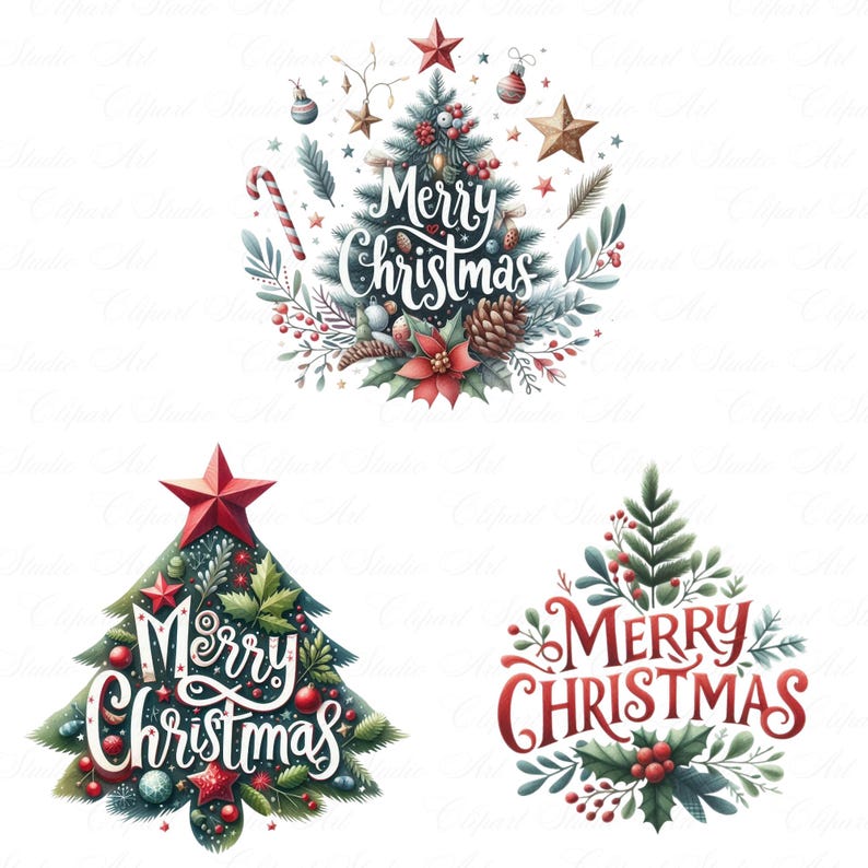 18 Merry Christmas Clipart, Merry Christmas Text Clipart, Watercolor ...