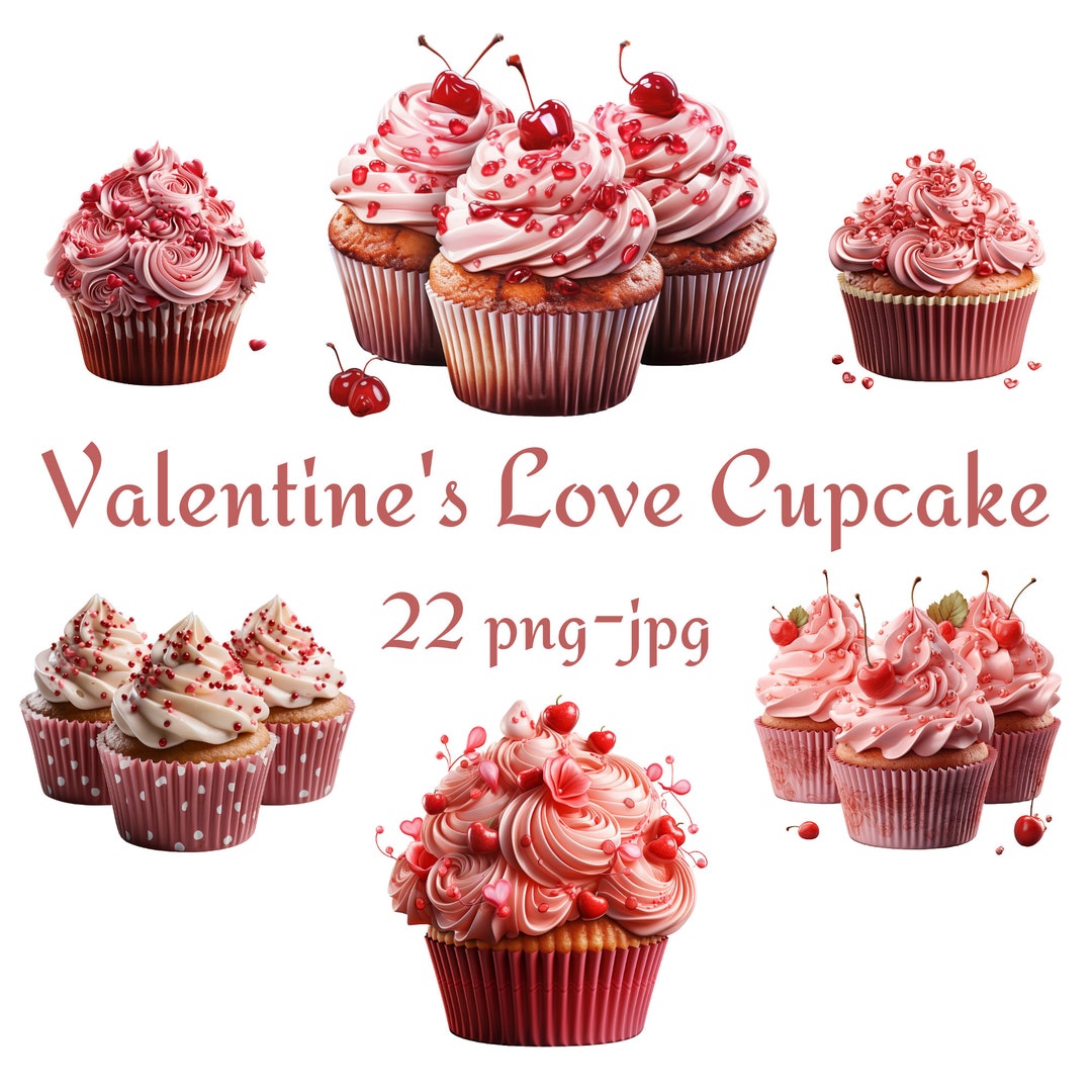 22 Valentine's Love Cupcake Clipart, Watercolor Valentine's Love ...