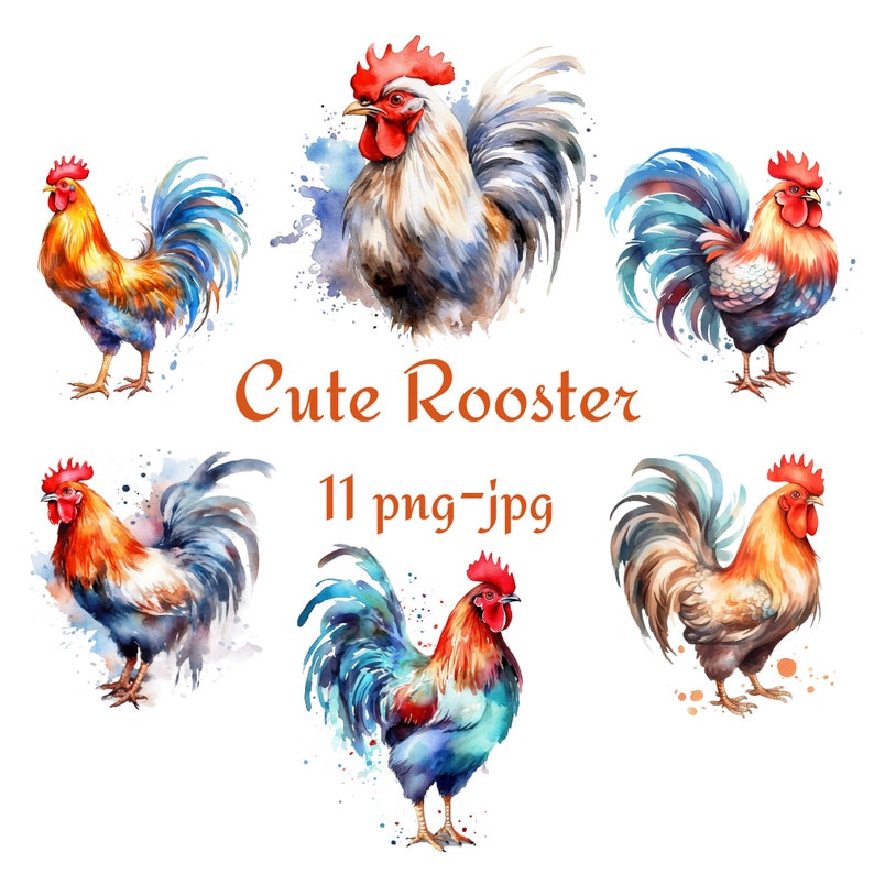 11 Cute Rooster Clipart, Farm Animals Watercolour Clipart, Cute Rooster ...