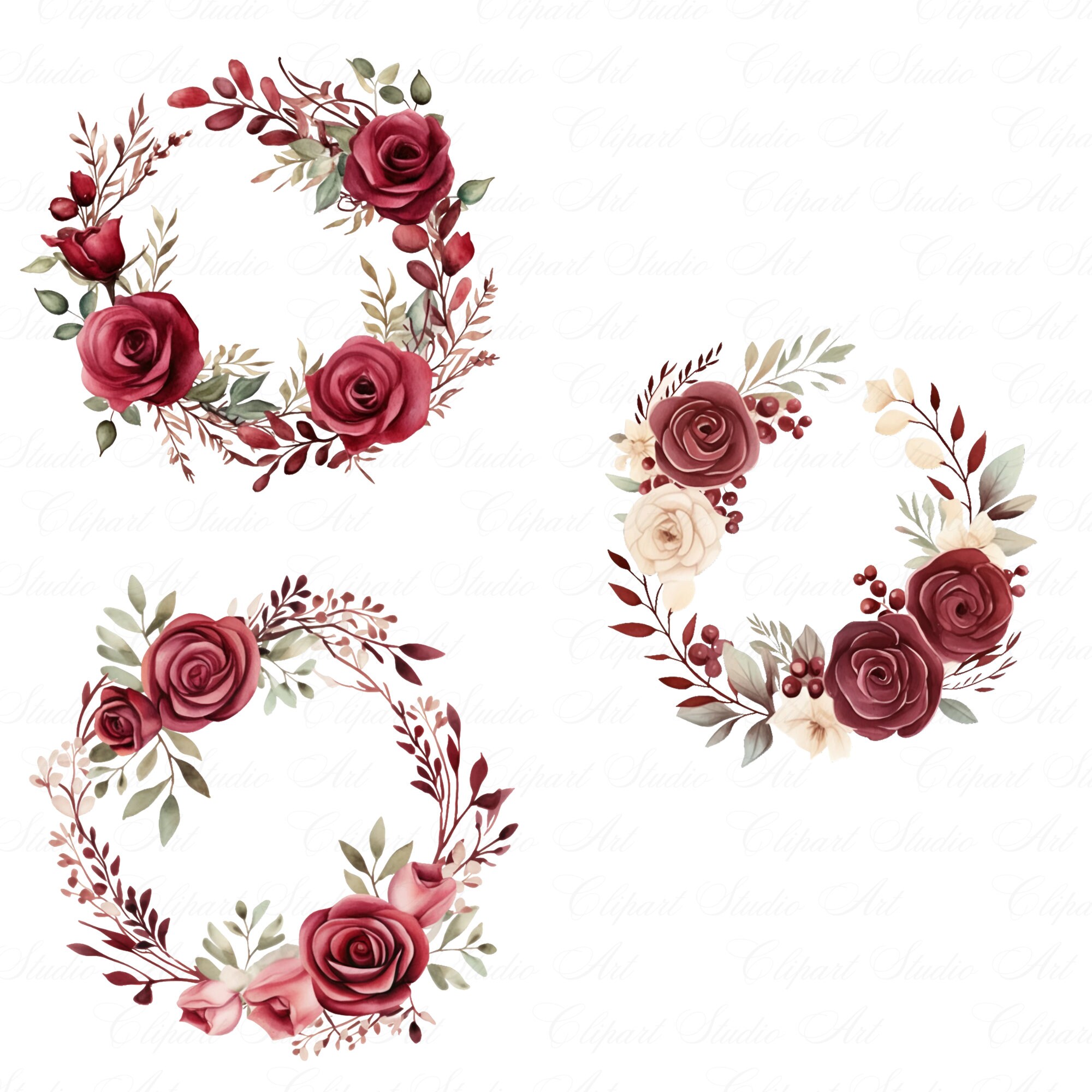 24 Burgundy Wreath Rose Clipart, Wedding Bridal Shower Burgundy Wreath ...