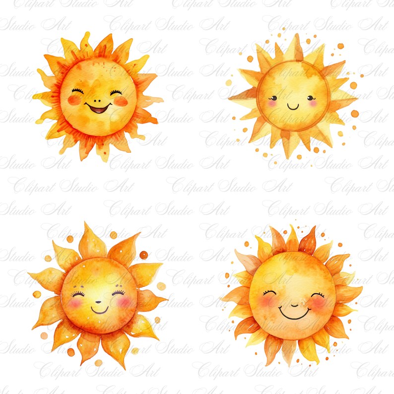 Cute Happy Sun Clipart, Cute Sun Watercolour Clipart, Cute Sun Faces ...