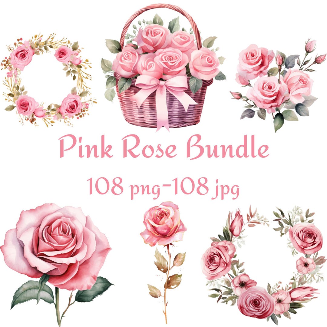 108 Pink Rose Bundle Clipart, Wedding Bridal Shower Pink Rose Flowers ...