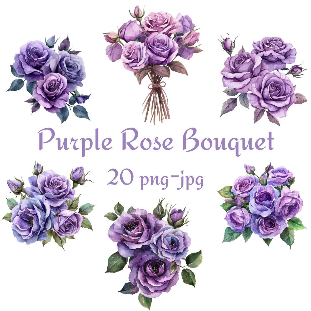 20 Purple Rose Bouquet Clipart, Wedding Bridal Shower Purple Rose ...