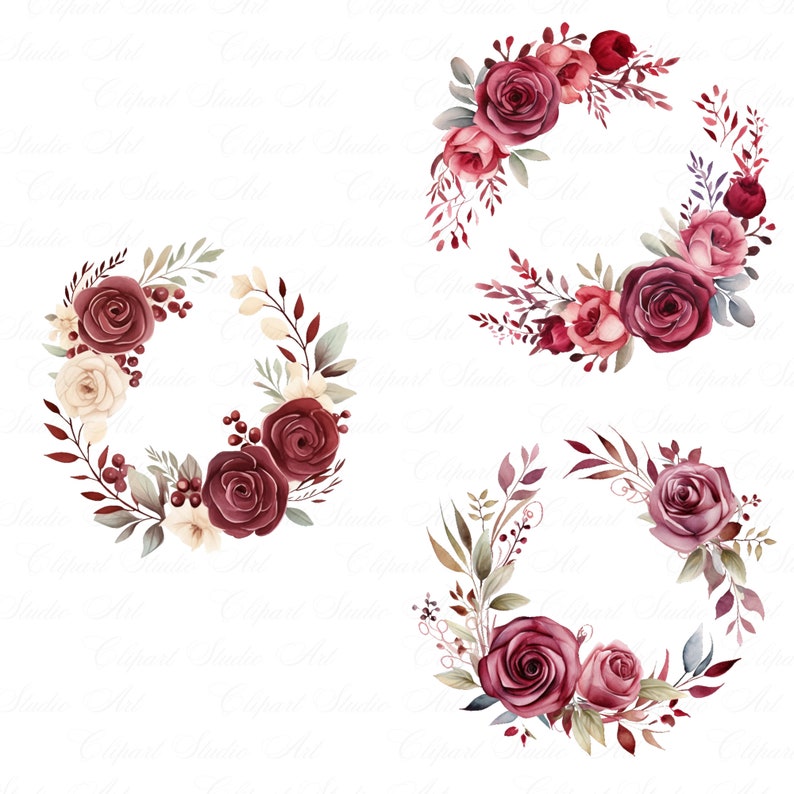 24 Burgundy Wreath Rose Clipart, Wedding Bridal Shower Burgundy Wreath ...