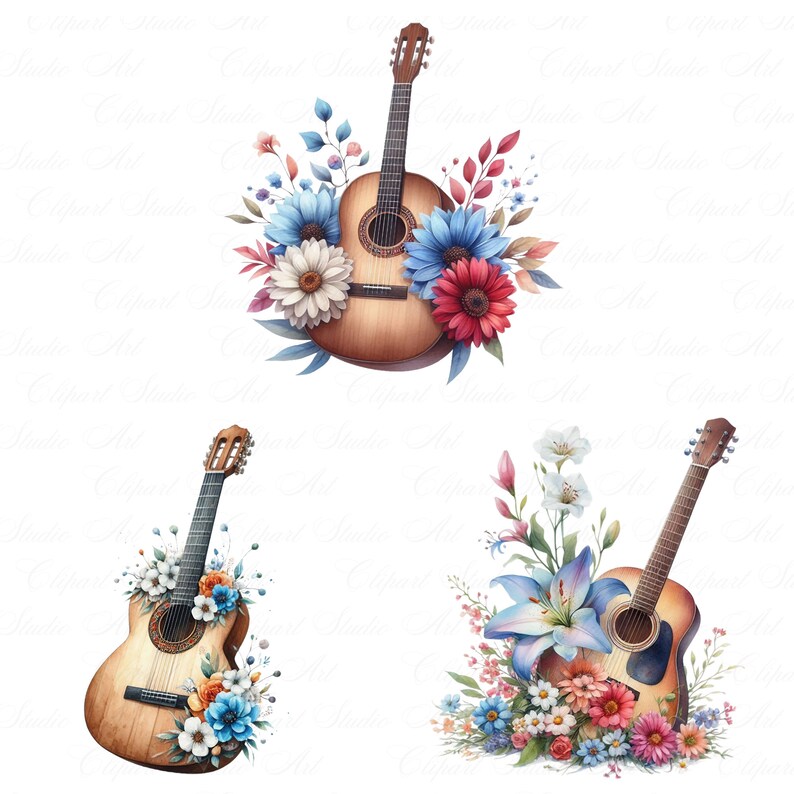 20 Flower Guitar Clipart, Flower Musical Instrument Clipart, Watercolor ...