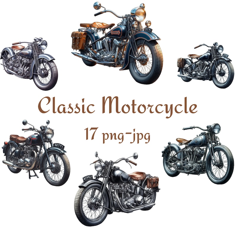 17 Classic Motorcycle Clipart, Old Retro Motorcycle Clipart, Watercolor ...