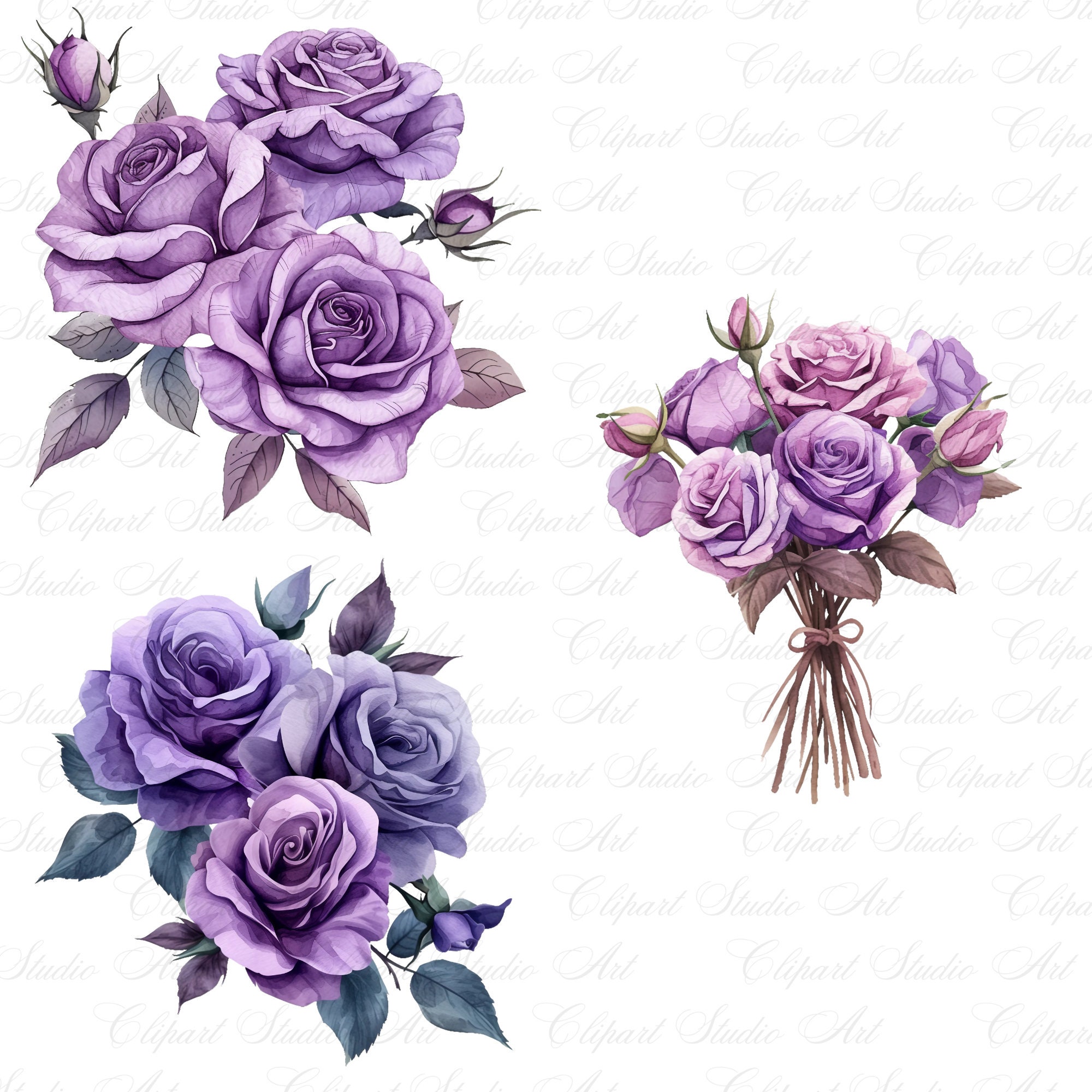 20 Purple Rose Bouquet Clipart, Wedding Bridal Shower Purple Rose ...