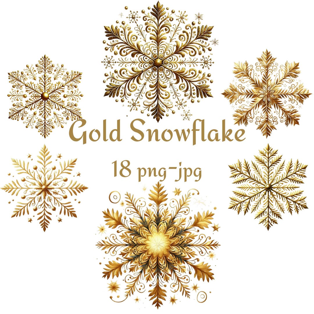 18 Gold Snowflake Clipart, Winter Snowflake Clipart, Watercolor ...