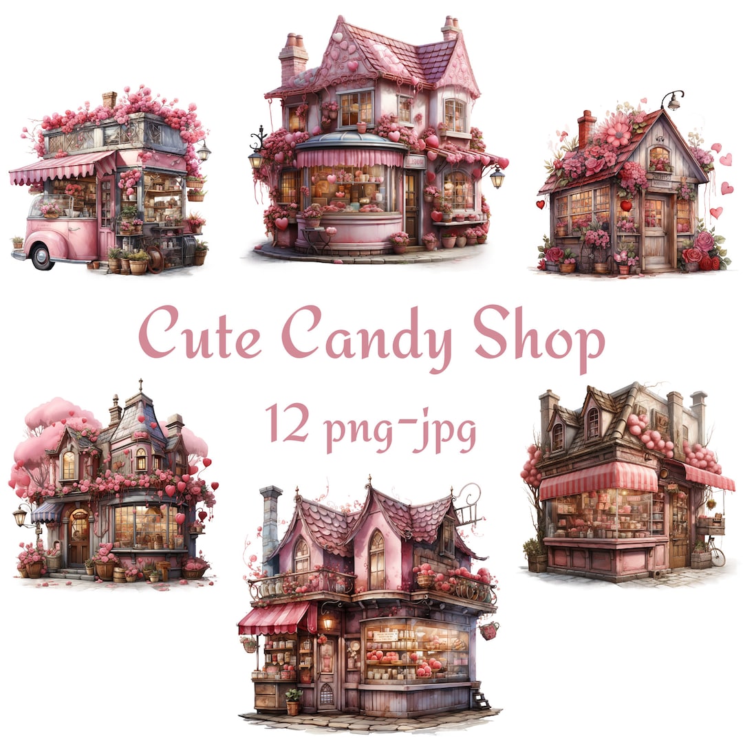 12 Cute Valentines Candy Shop Clipart, Watercolor Candy Shop Storefront ...