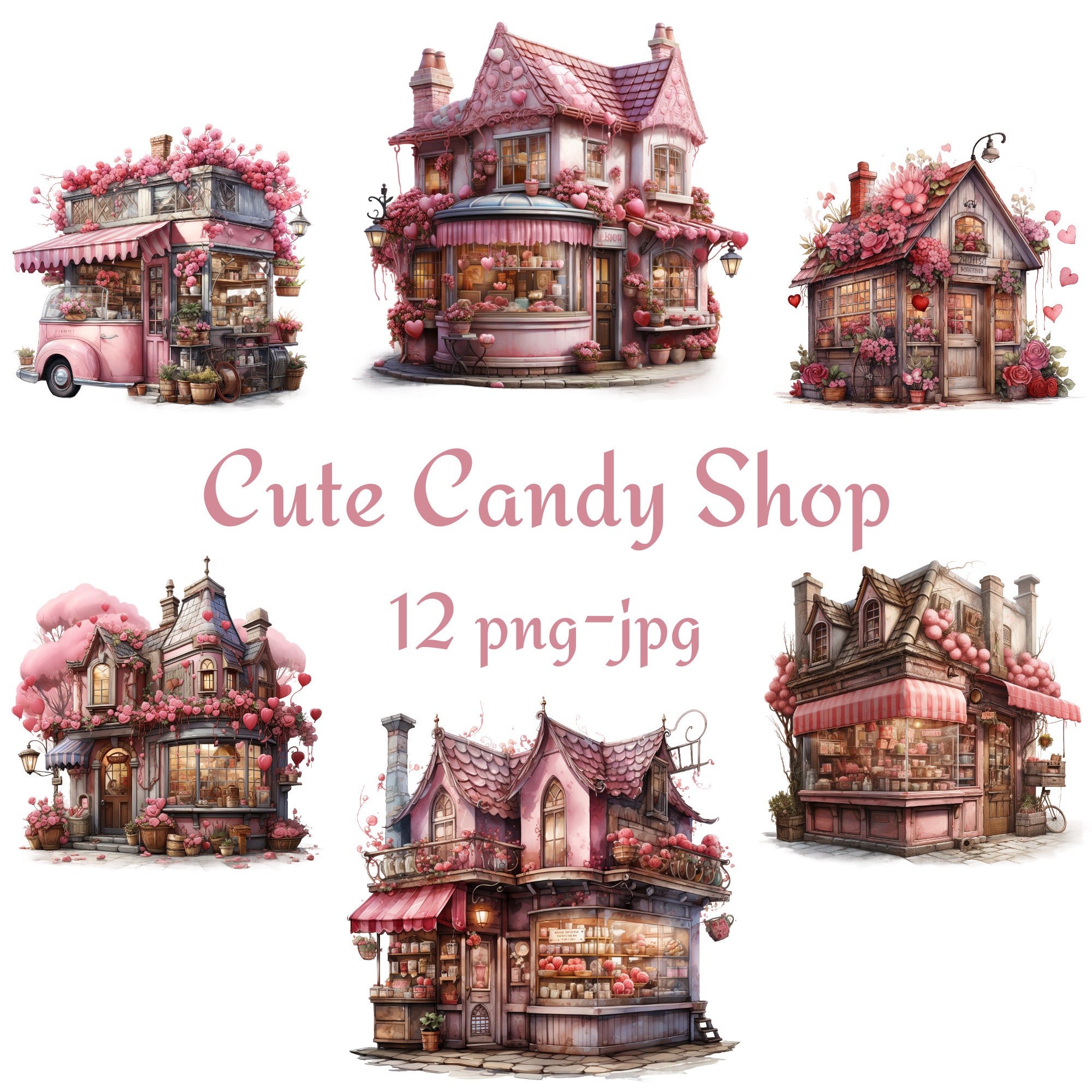 12 Cute Valentines Candy Shop Clipart, Watercolor Candy Shop Storefront ...