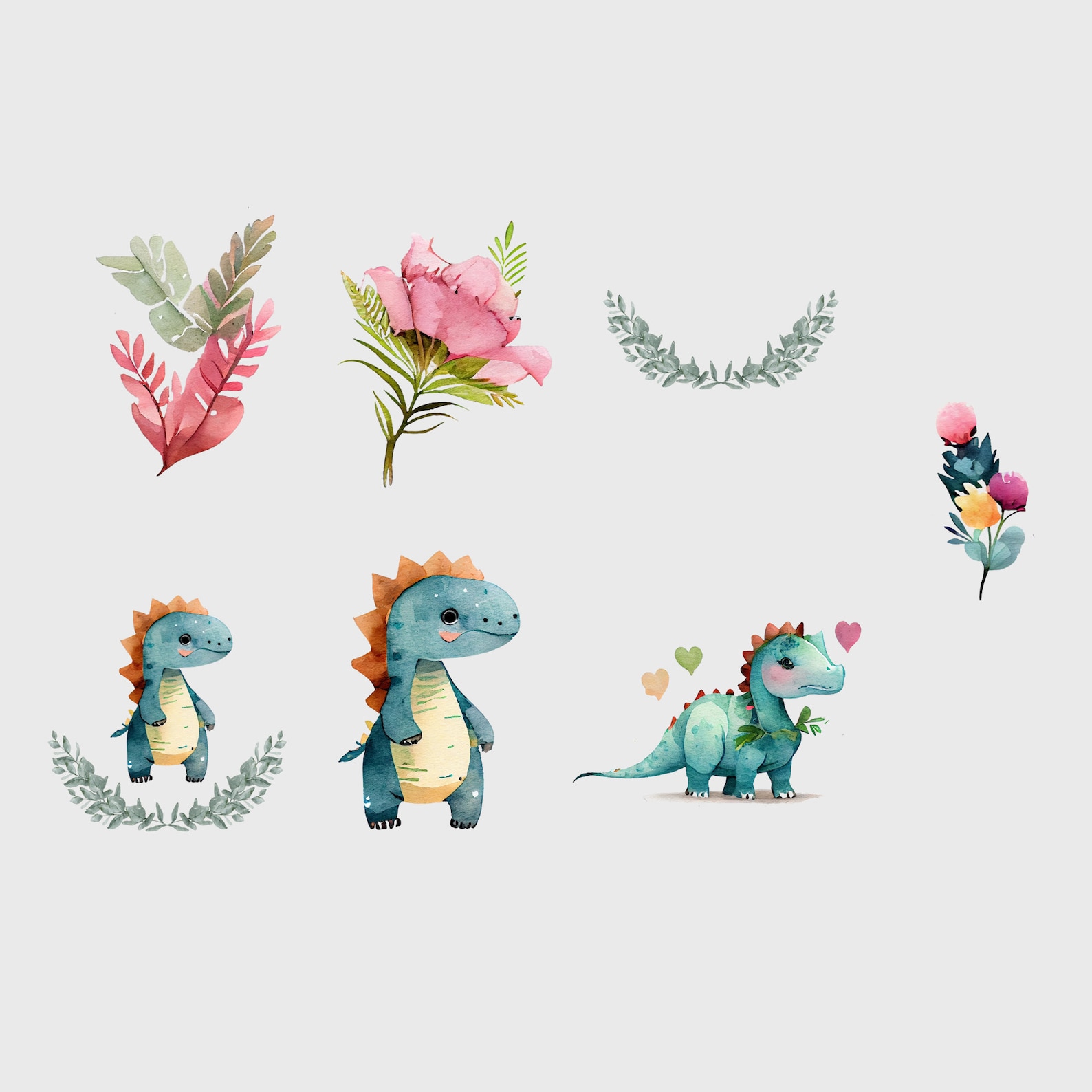 Dinosaurs Watercolor Clipart, Cute Dino Baby Shower Graphics, Birthday ...