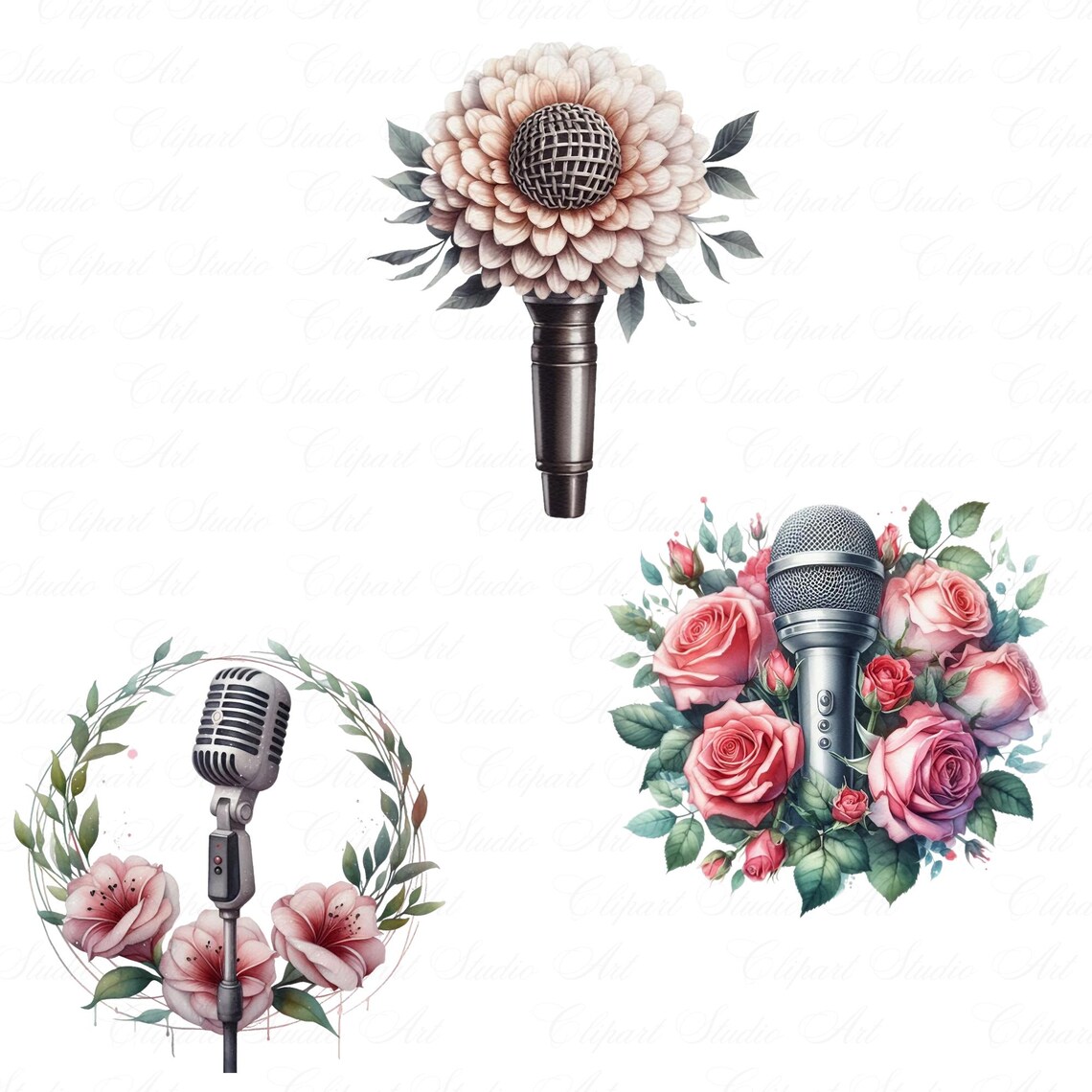 16 Flower Microphone Clipart, Superstar Flower Microphone Clipart, Watercolor Microphone High ...