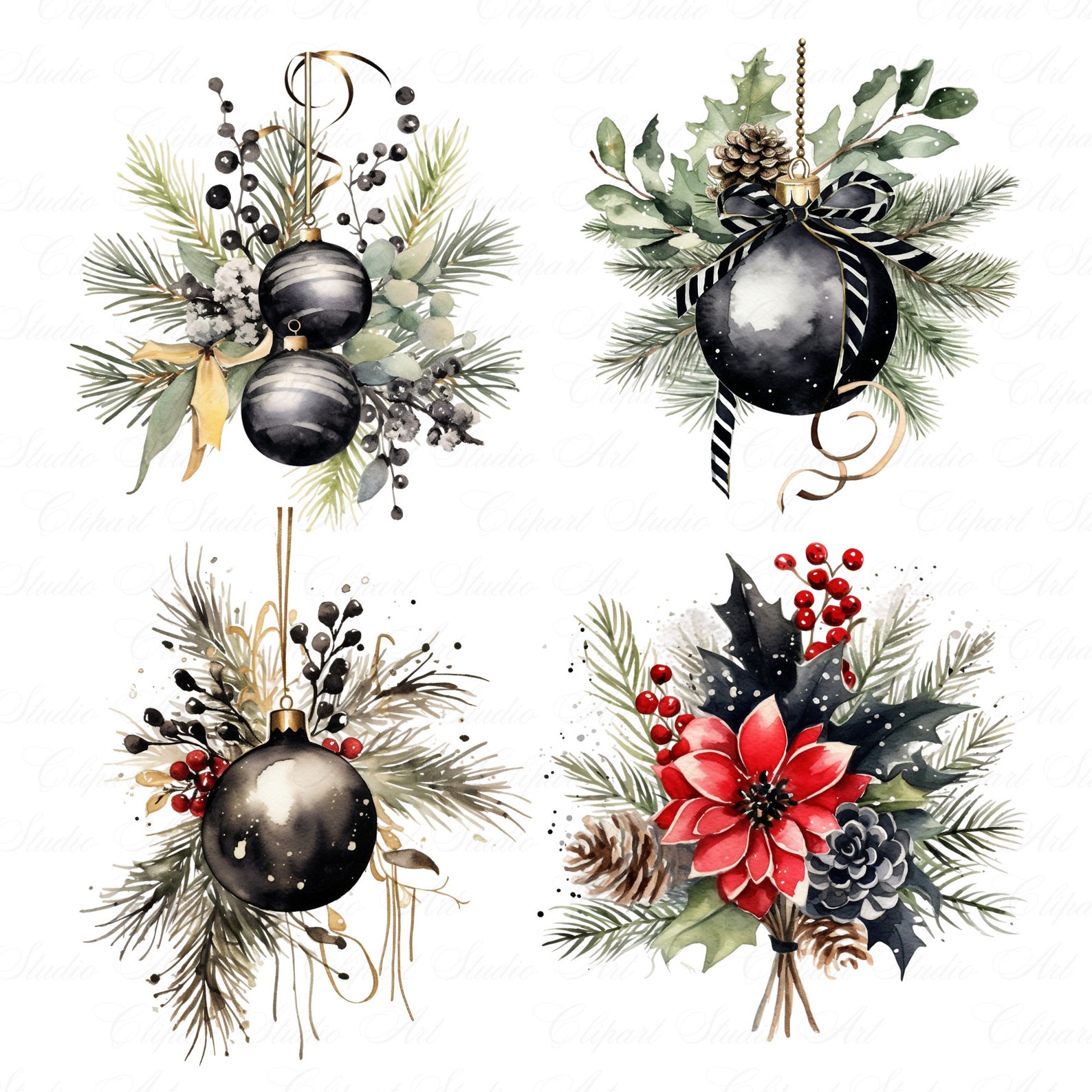 16 Christmas Black Decoration Clipart, Black & Gold Christmas ...