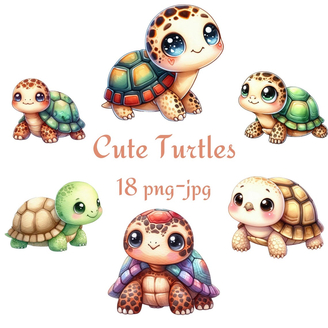 18 Cute Turtles Clipart, Baby Turtle Clipart, Watercolor Cute Turtles ...