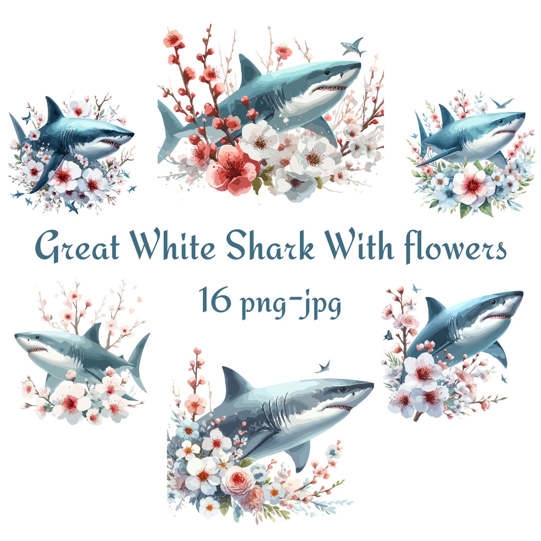 16 Great White Shark Spring Flowers Clipart, Watercolor Great White ...