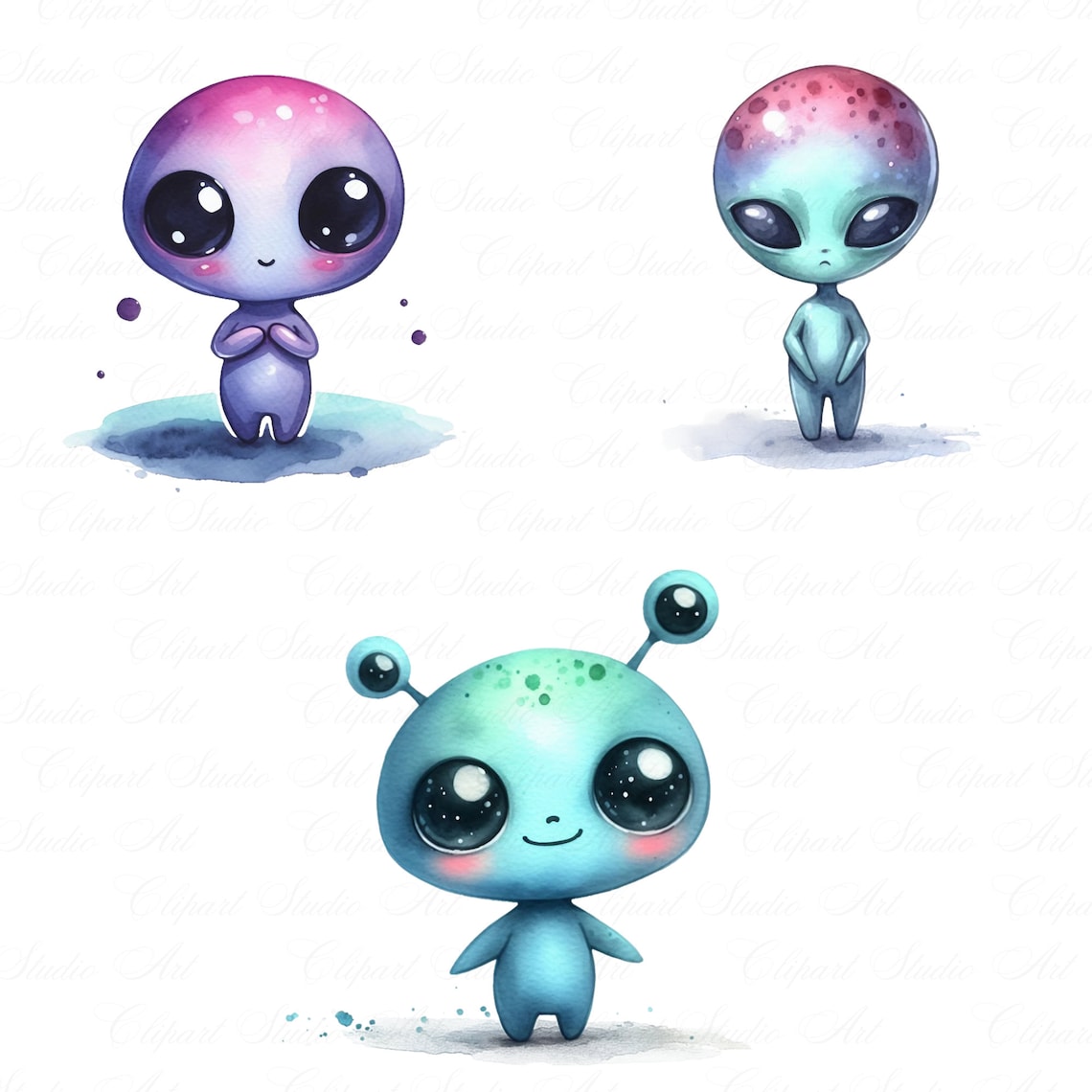 22 Cute Aliens Clipart, Cute Creatures Clipart, Watercolor Baby Aliens ...