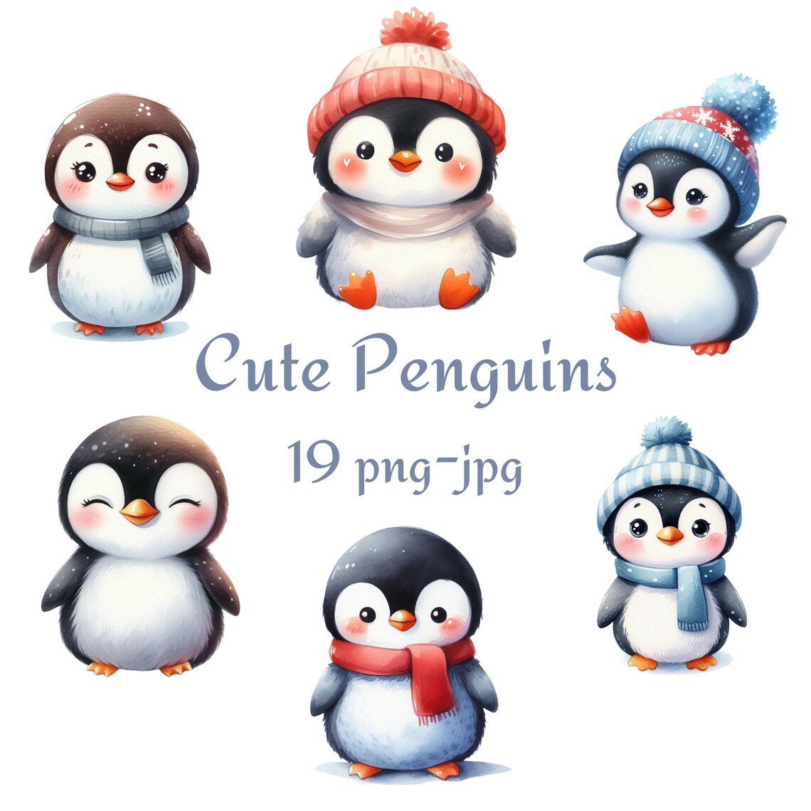 19 Cute Penguins Clipart, Baby Cute Penguins Clipart, Watercolor Cute ...