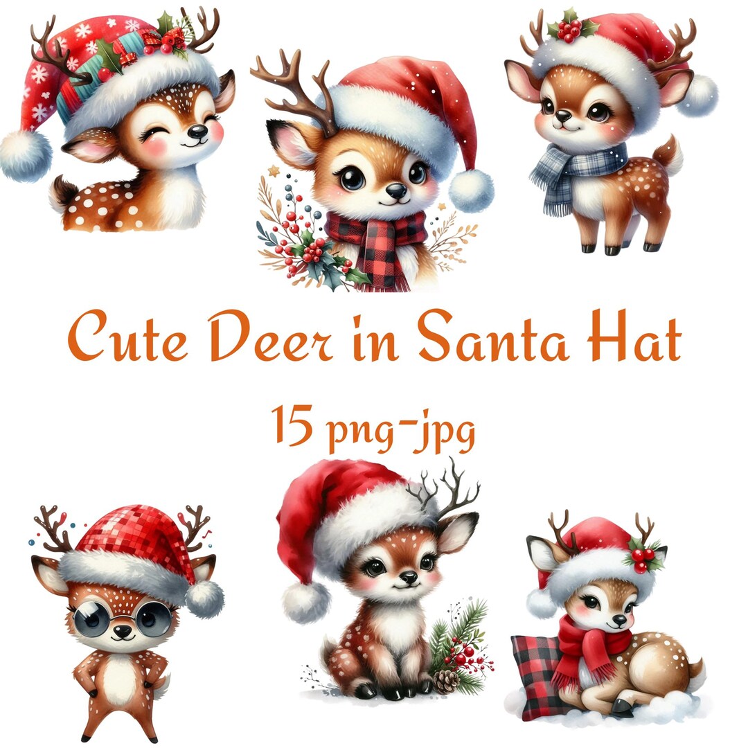 15 Cute Deer in Santa Hat Clipart, Watercolor Deer in Santa Hat Clipart ...