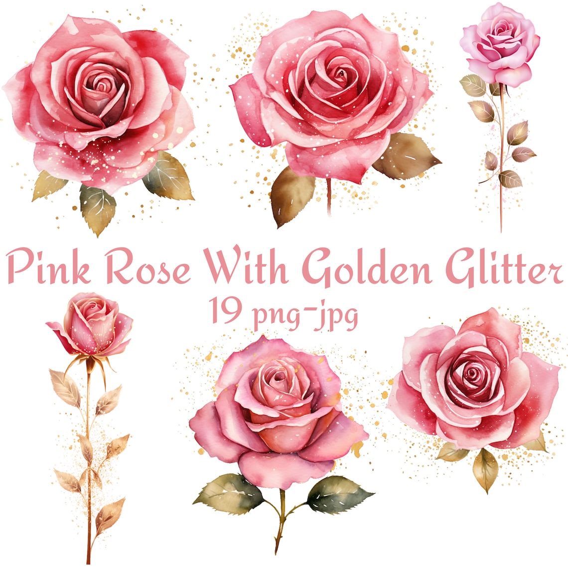 19 Pink Rose With Golden Glitter Clipart, Wedding Bridal Shower Pink ...