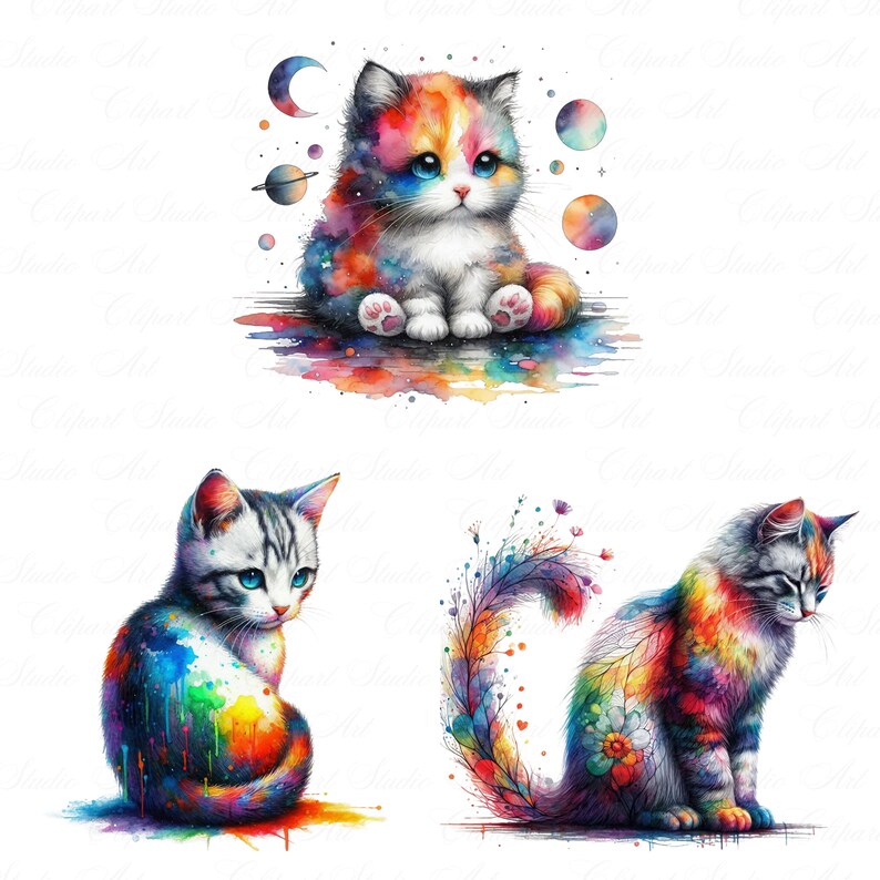 15 Colorful Art Cat Clipart, Colorful Cute Cats Clipart, Watercolor ...