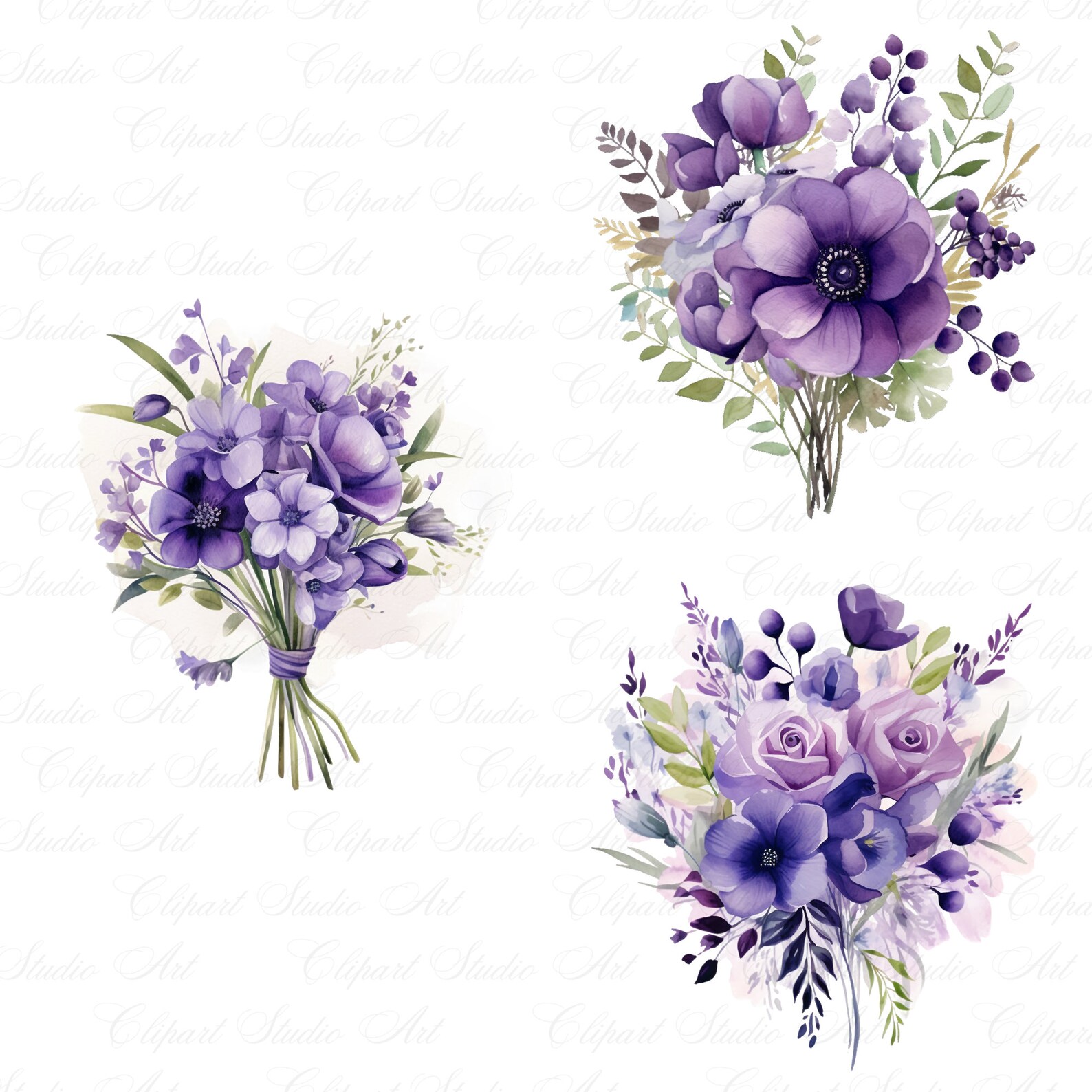 15 Violet Flower Bouquet Clipart, Wedding Bridal Shower Violet Flower ...