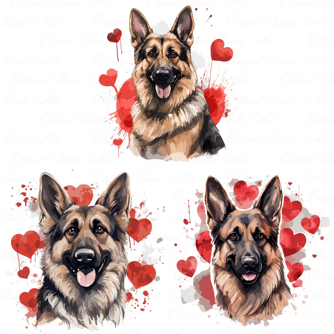 19 Cute German Shepherd Dog Red Heart Clipart, Watercolor Dog Clipart ...