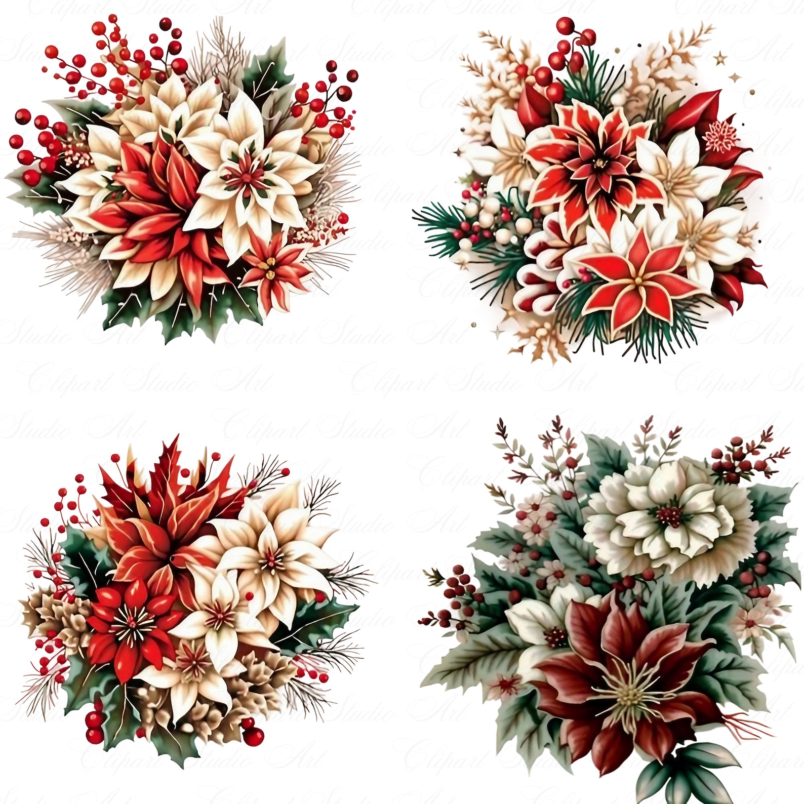 18 Christmas Bouquet Clipart, Colorful Flowers Clipart, Watercolor High ...