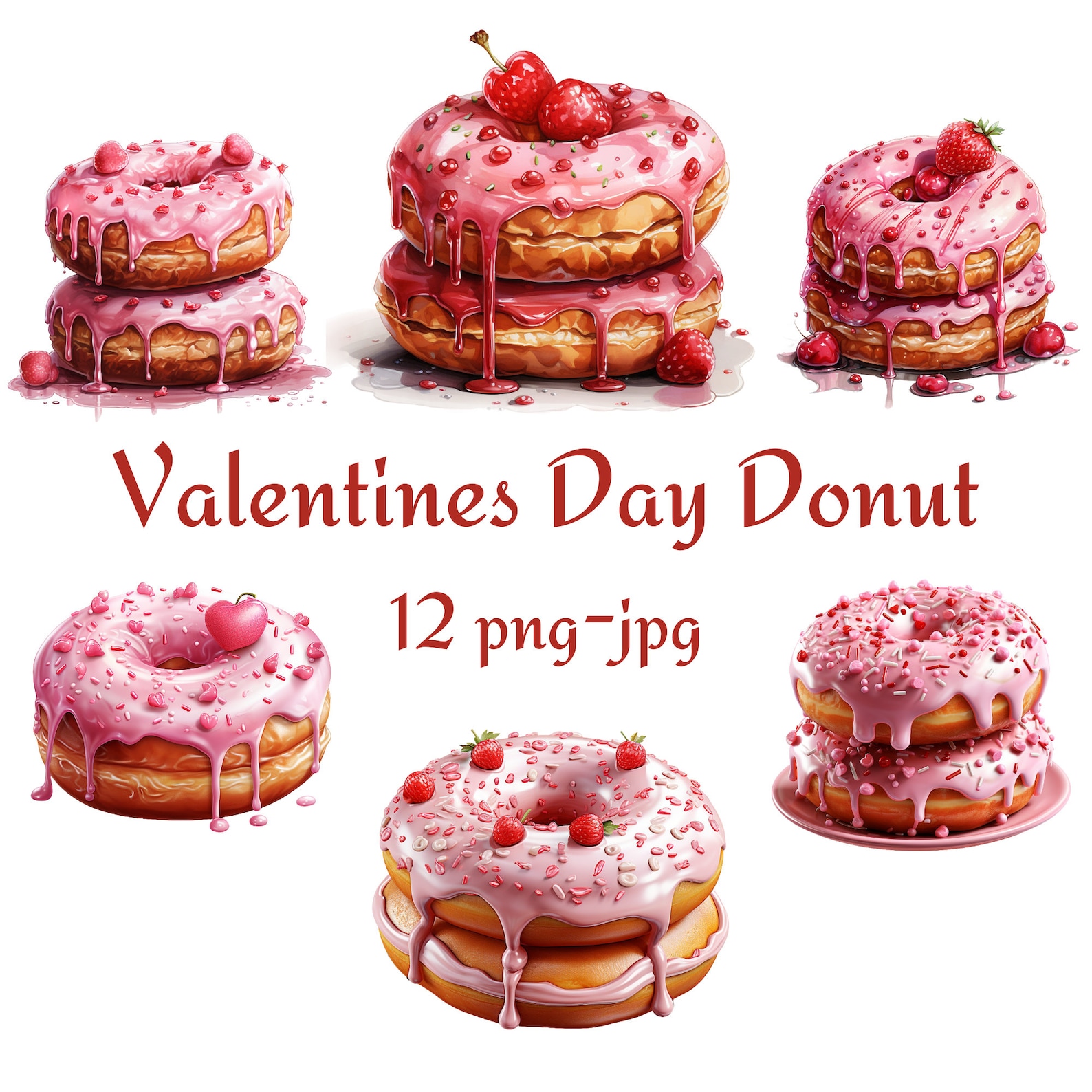 12 Donut Clipart, Watercolor Valentines Day Donut Clipart, Valentine ...