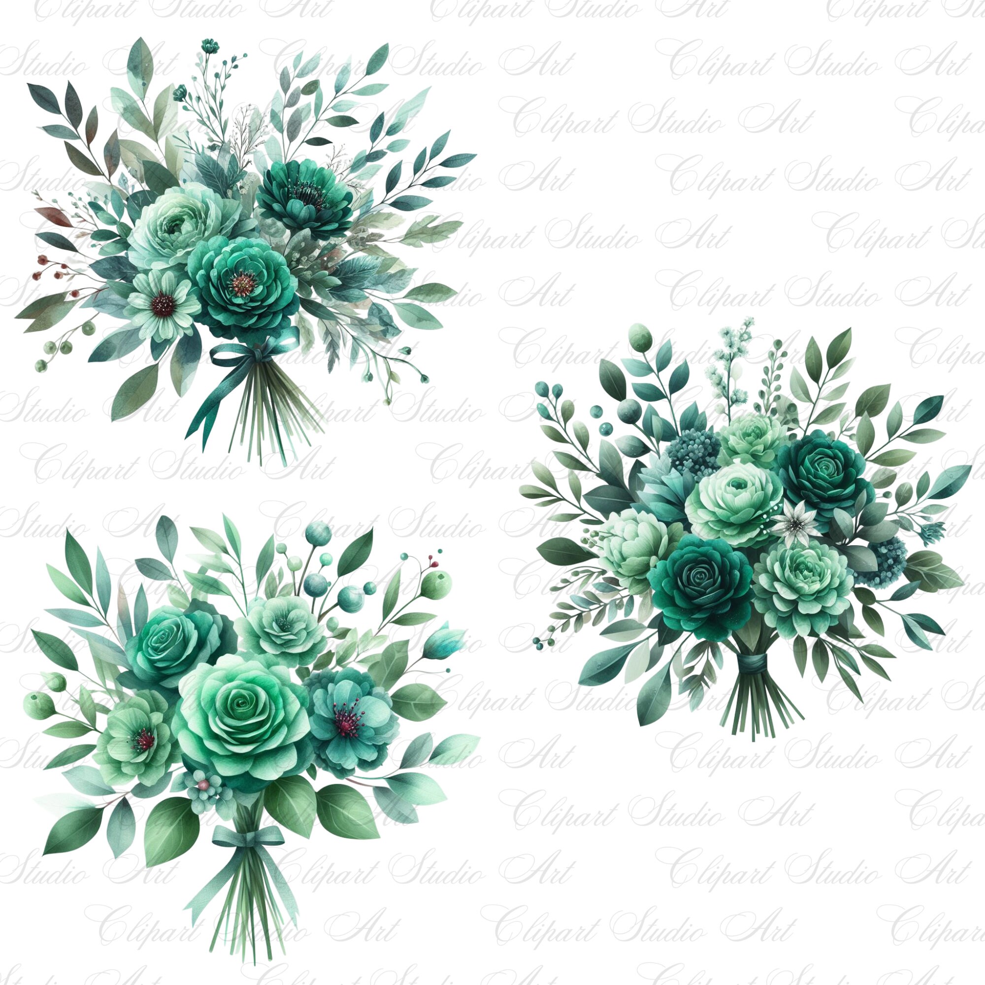 Emerald Flower Bouquet Clipart, Watercolor Emerald Flower Bouquet ...