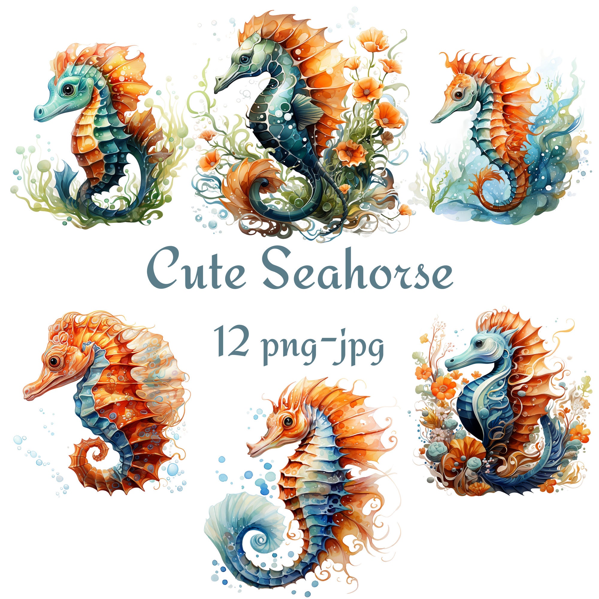12 Seahorses Watercolour Clipart, Cute Nautical Ocean Animals Clipart ...