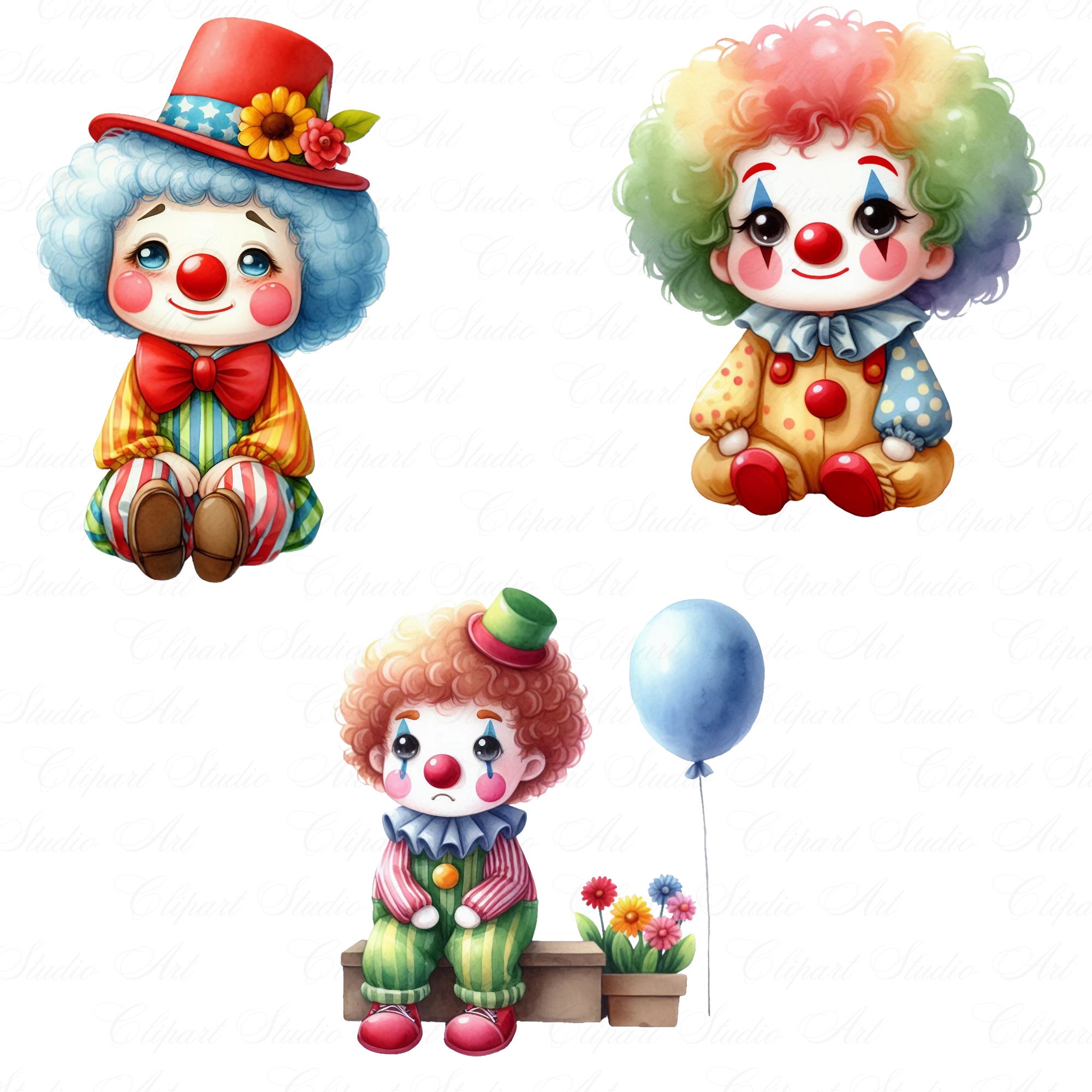 14 Cute Clowns Clipart, Watercolor Cute Clowns Clipart, Watercolor Cute ...