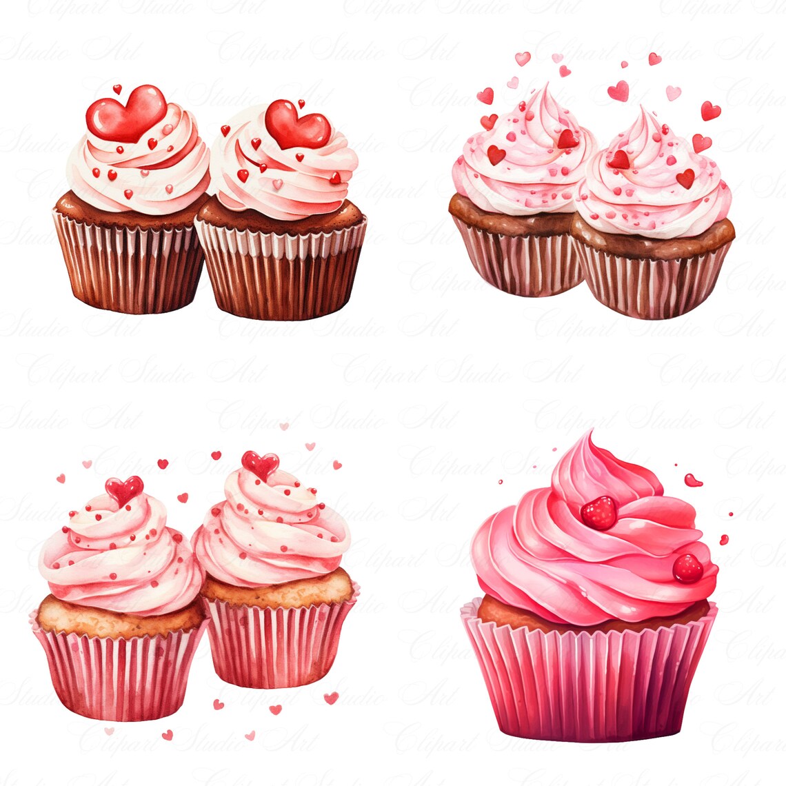 25 Valentine Cupcakes Clipart, Watercolor Valentine Cupcakes Clipart ...