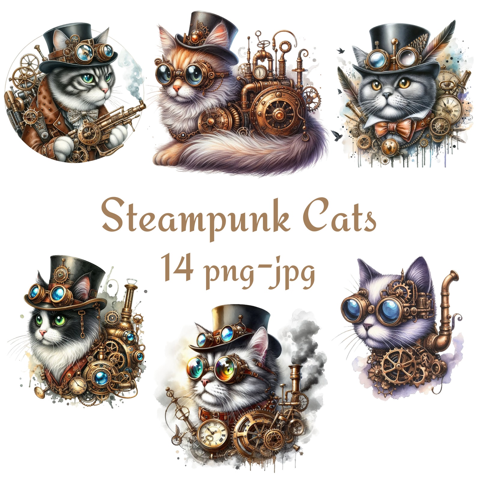 14 Steampunk Cats Clipart, Watercolor Steampunk Cats Clipart ...