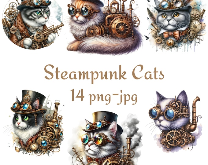 13 Steampunk Cat Clipart Watercolor Steampunk Cats Clip Art Victorian ...
