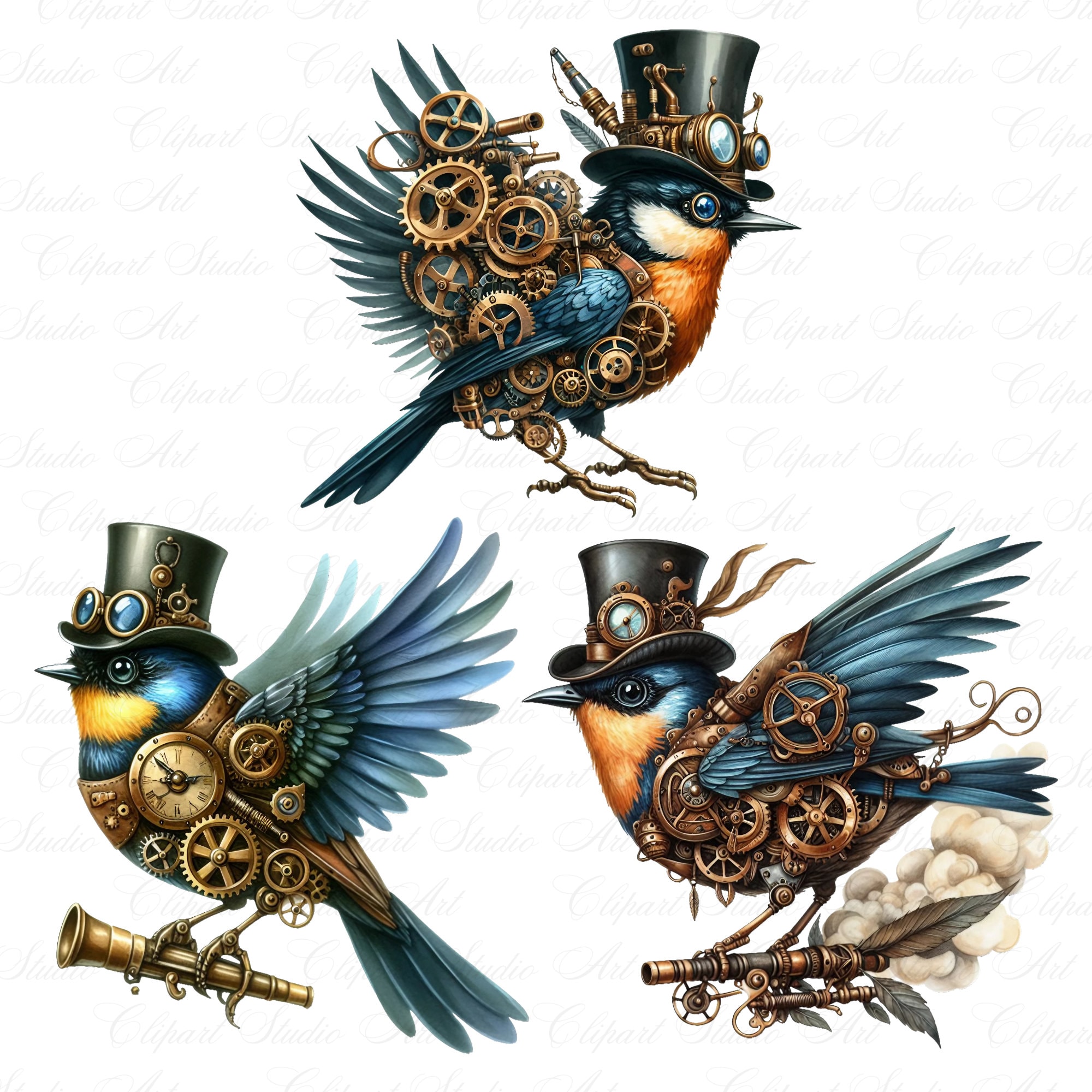 15 Steampunk Birds Clipart, Watercolor Steampunk Birds Clipart ...