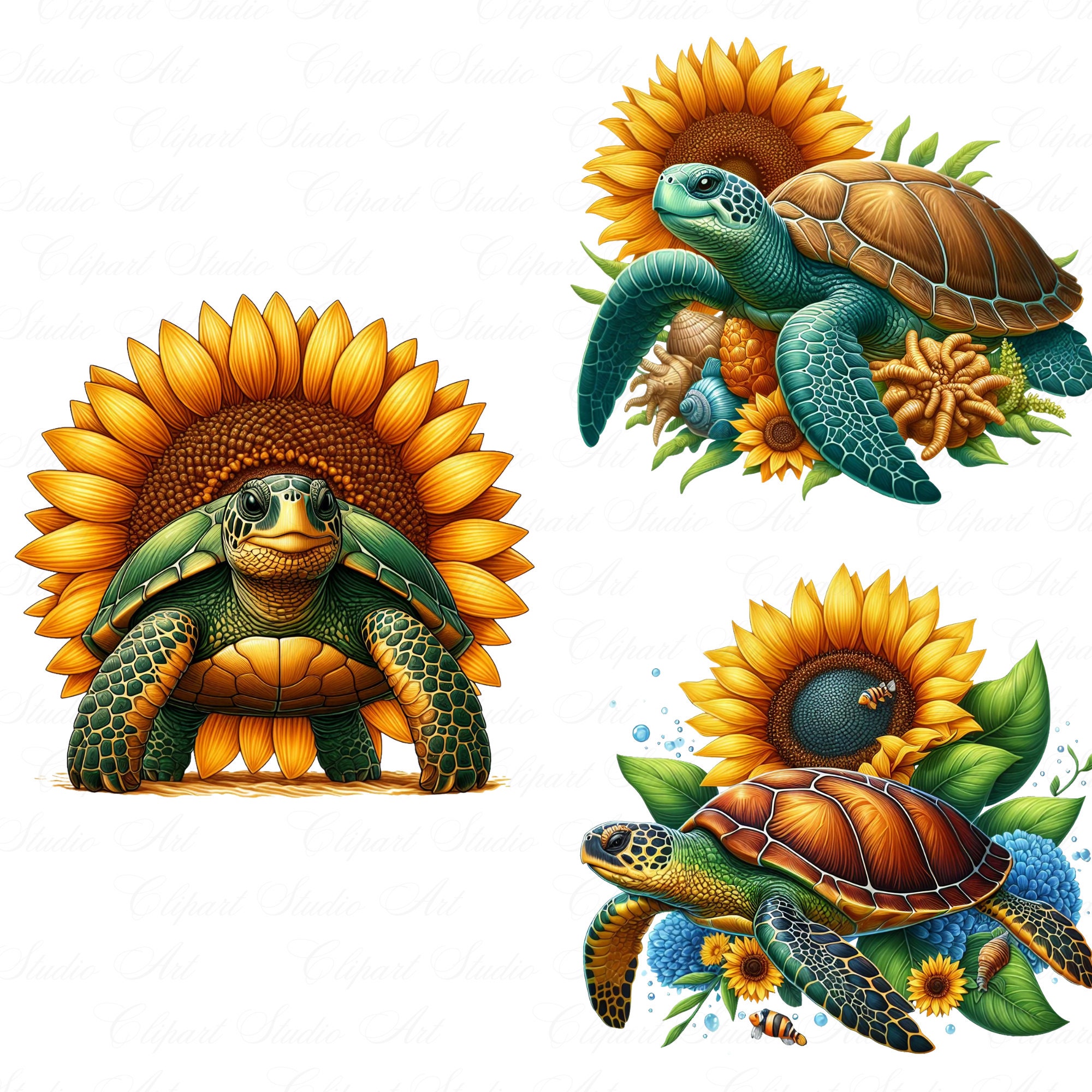 12 Sunflower and Turtle Clipart, Flowering Turtle Clipart, Sea Turtle ...