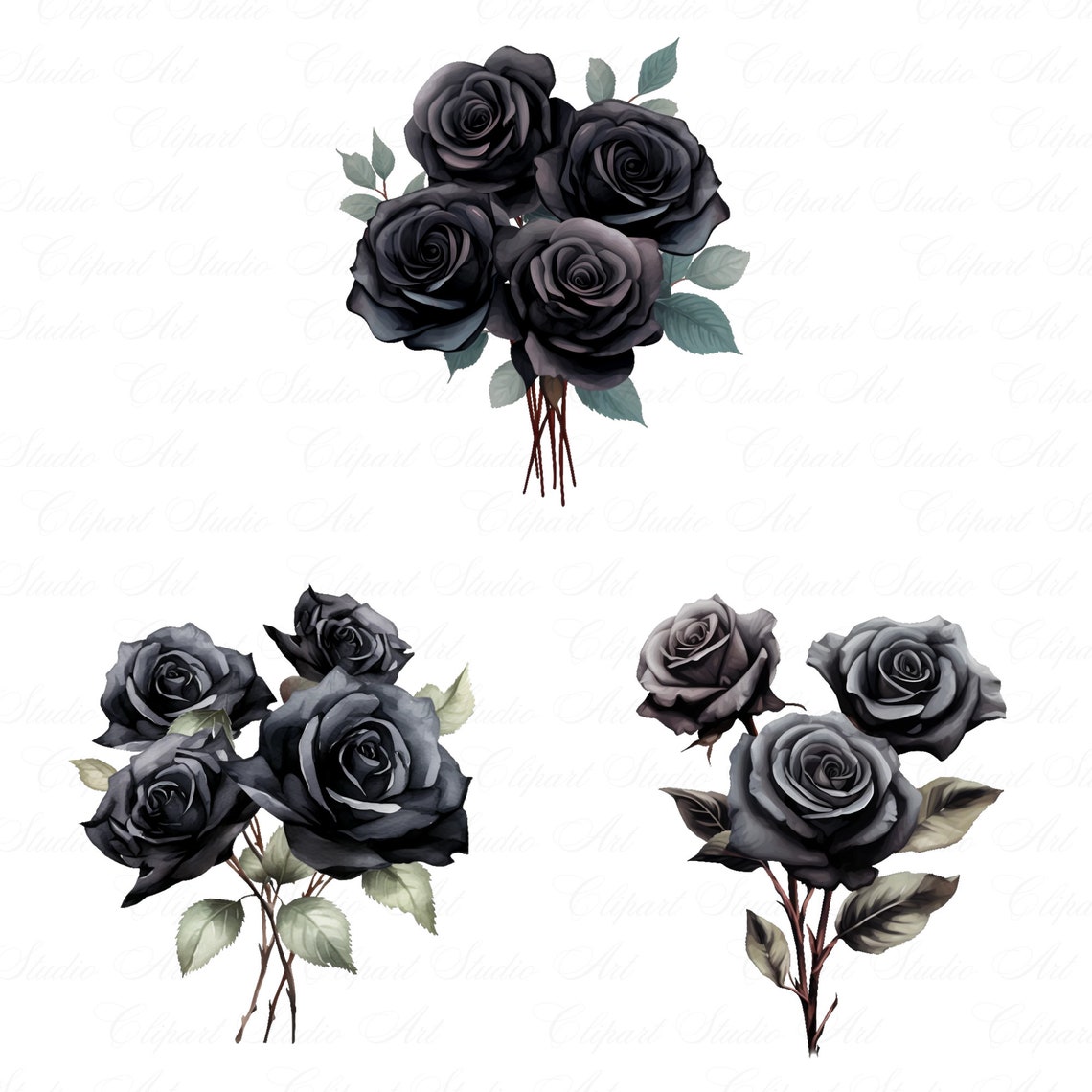 20 Cute Dark Black Rose Bouquet Clipart, Wedding Bridal Shower Black ...