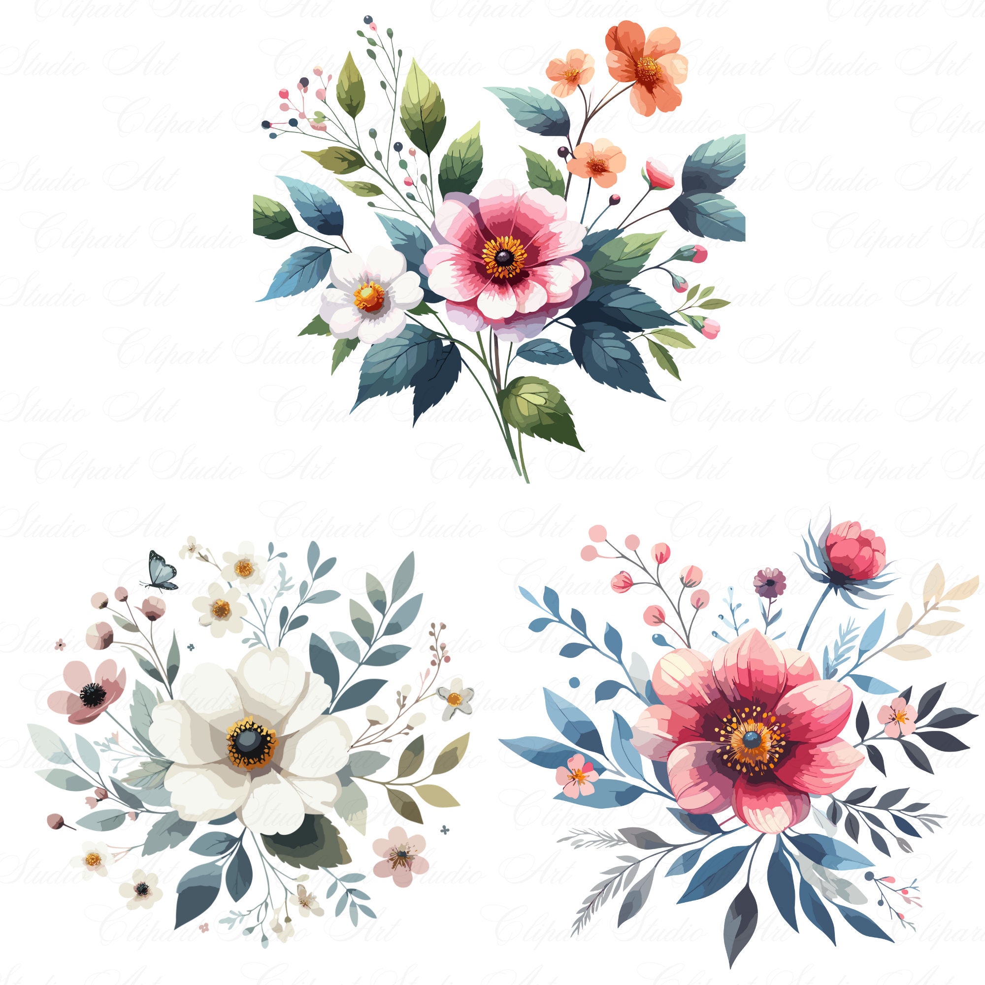 15 Floral Bundle Clipart, Watercolor Floral Clipart, Flower White ...