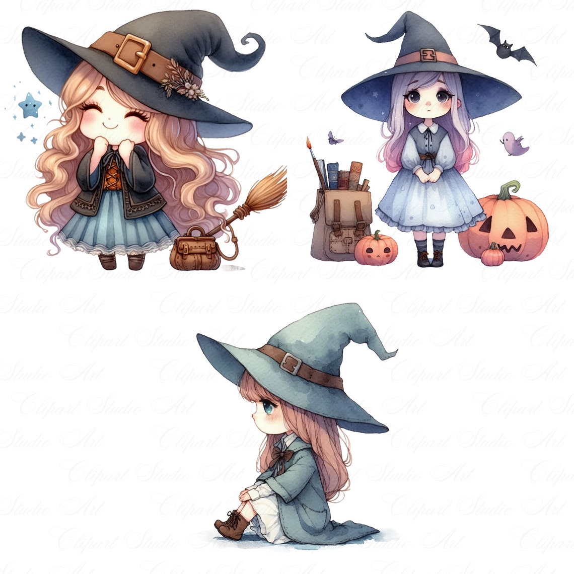 22 Cute Witches Clipart, Little Witch Clipart, Watercolor Cute Witches ...