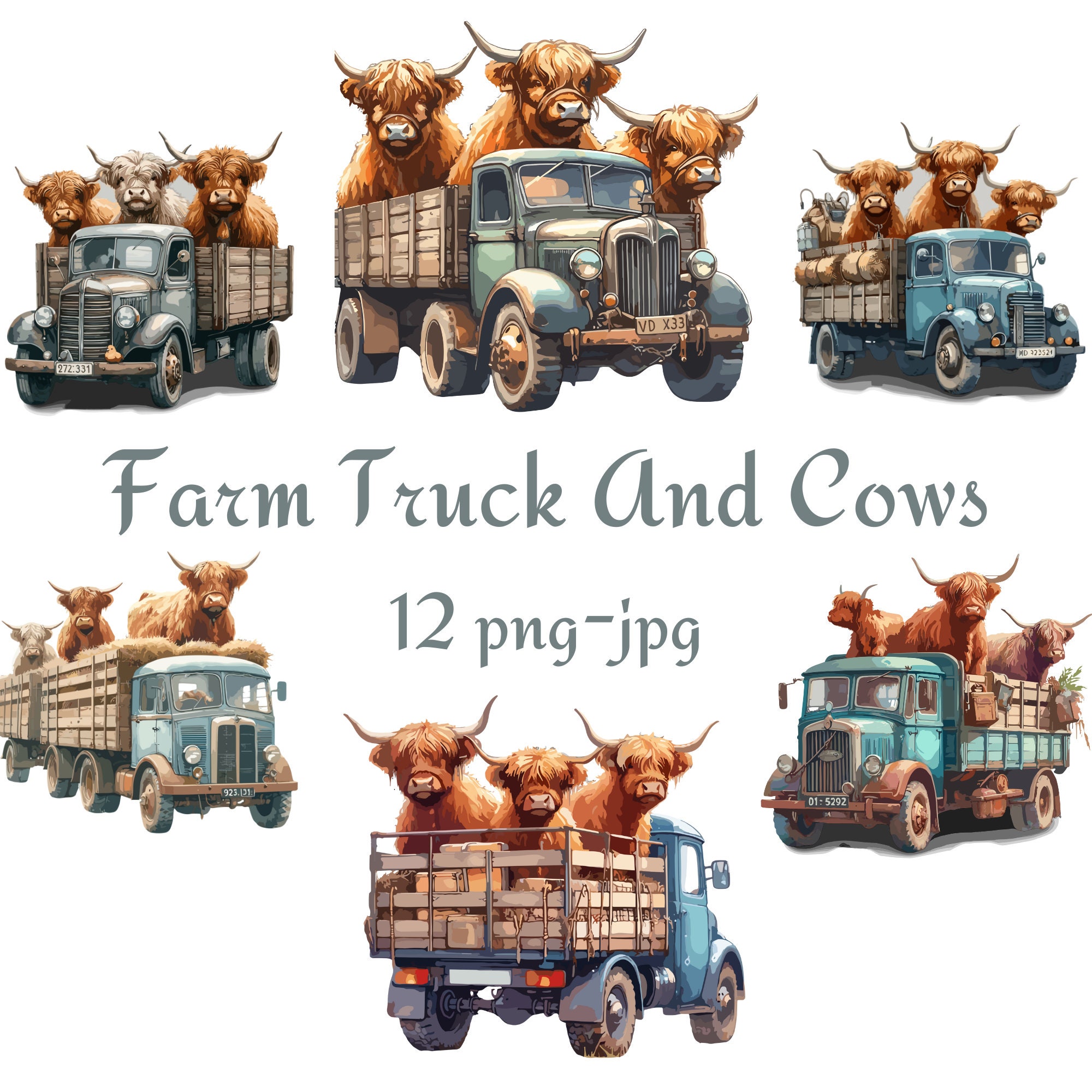 12 Farm Truck and Cows Clipart, Three Highland Cows Behind the Farm ...