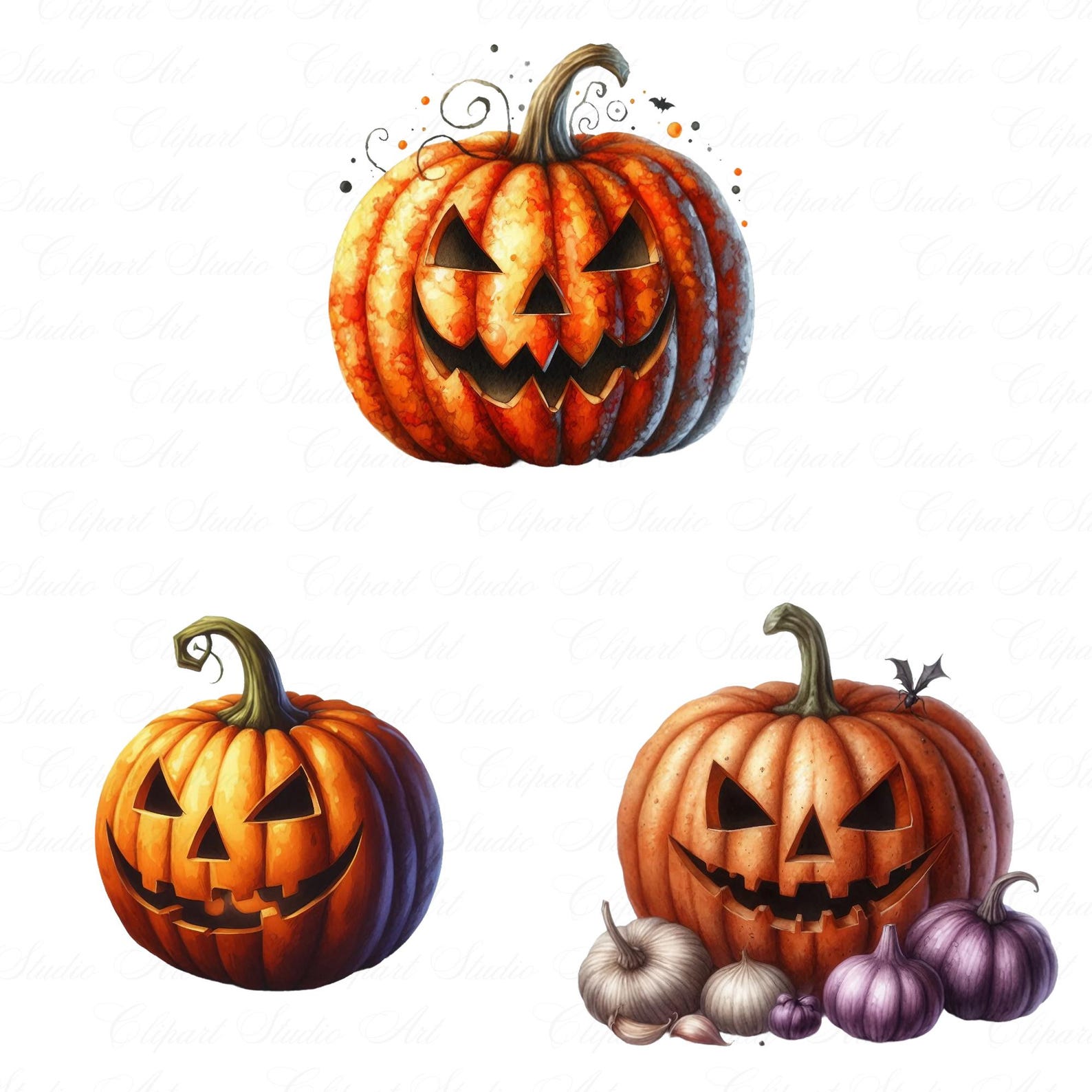 16 Halloween Pumpkin Clipart, Halloween Creepy Pumpkin, Watercolor ...