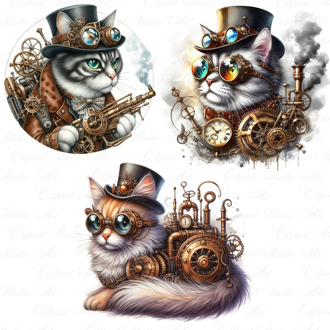 14 Steampunk Cats Clipart, Watercolor Steampunk Cats Clipart ...