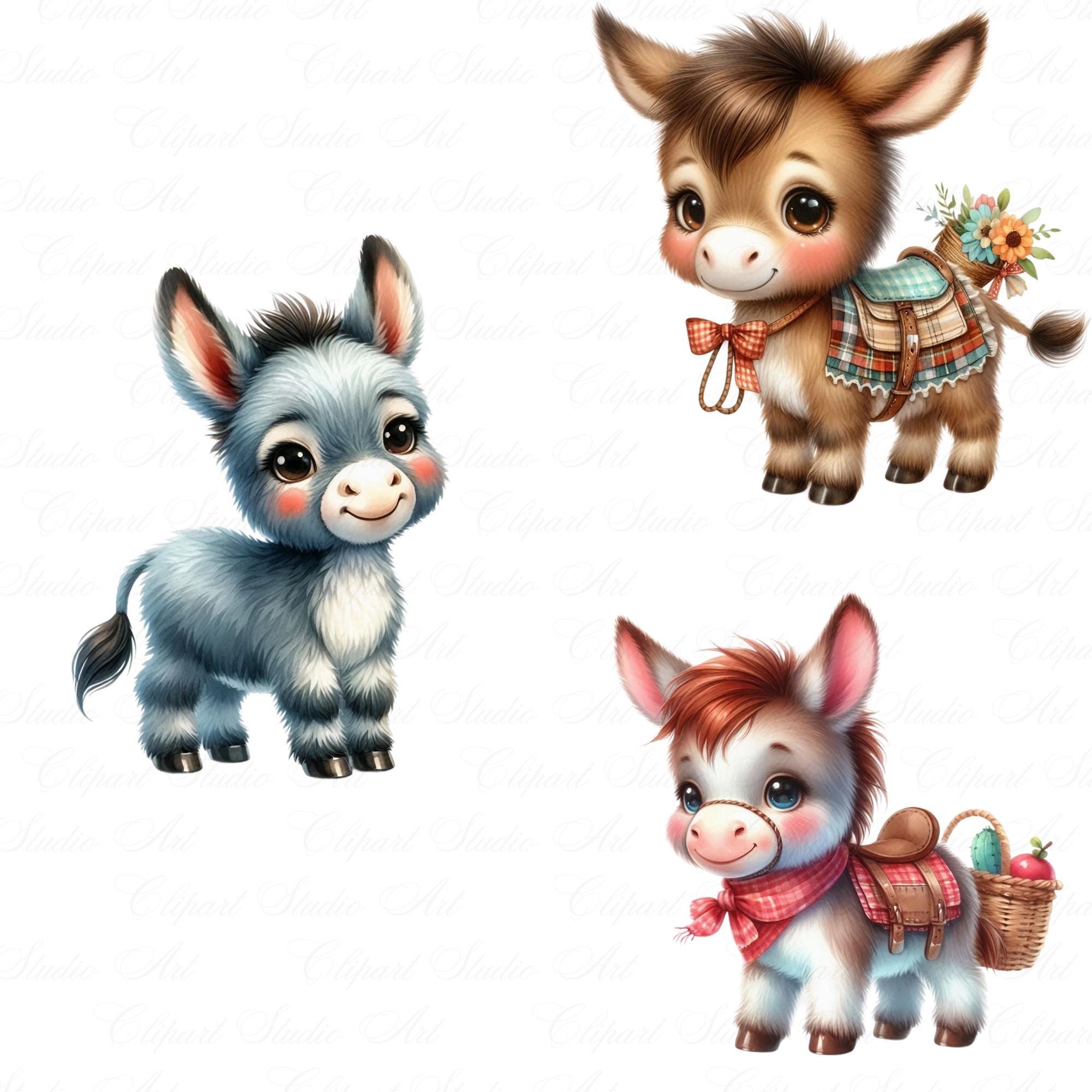 18 Cute Donkey Clipart, Cute Donkey Colt Clipart, Cowboy and Flowered ...