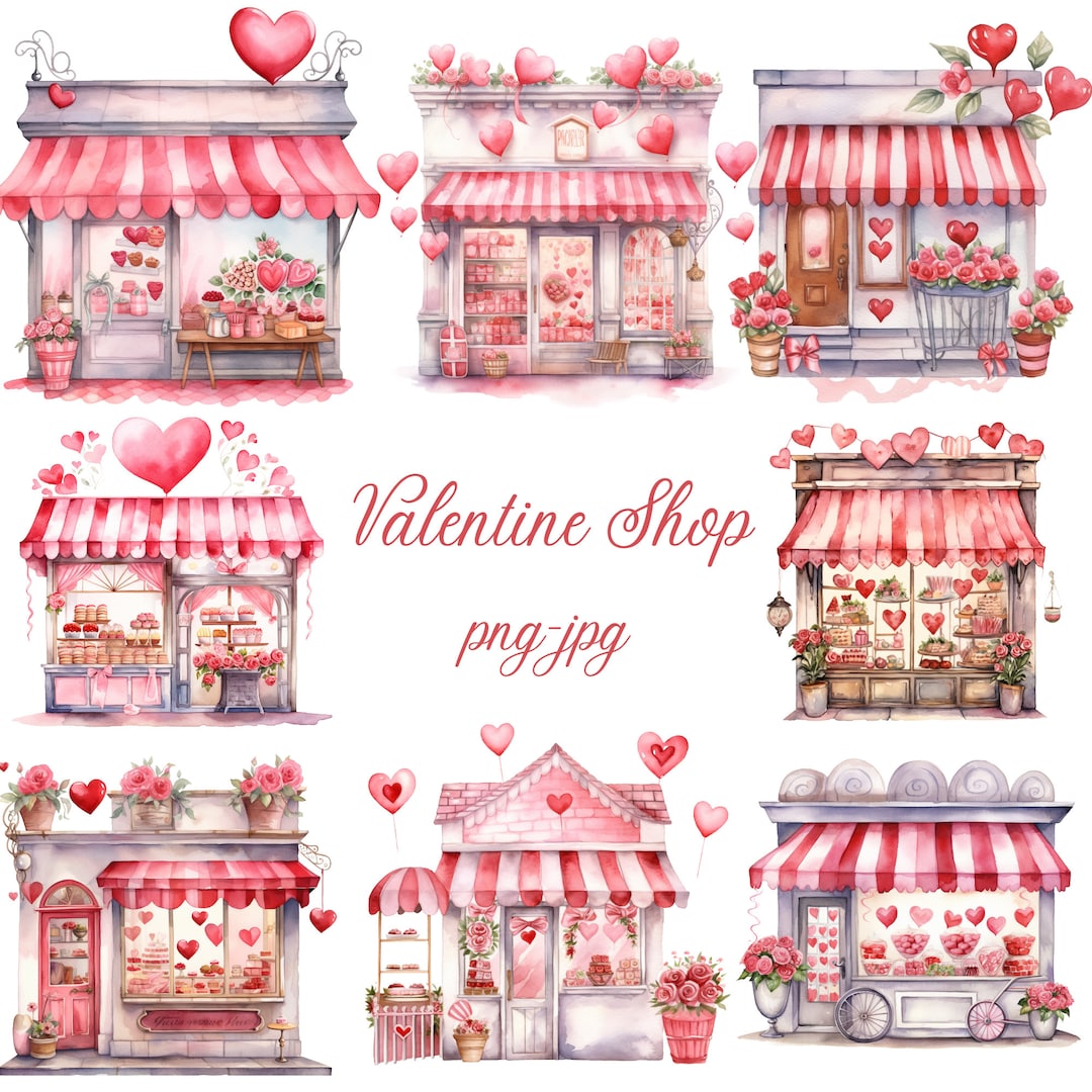Valentine Candy Shop Clipart, Valentine Shop Watercolor Clipart ...