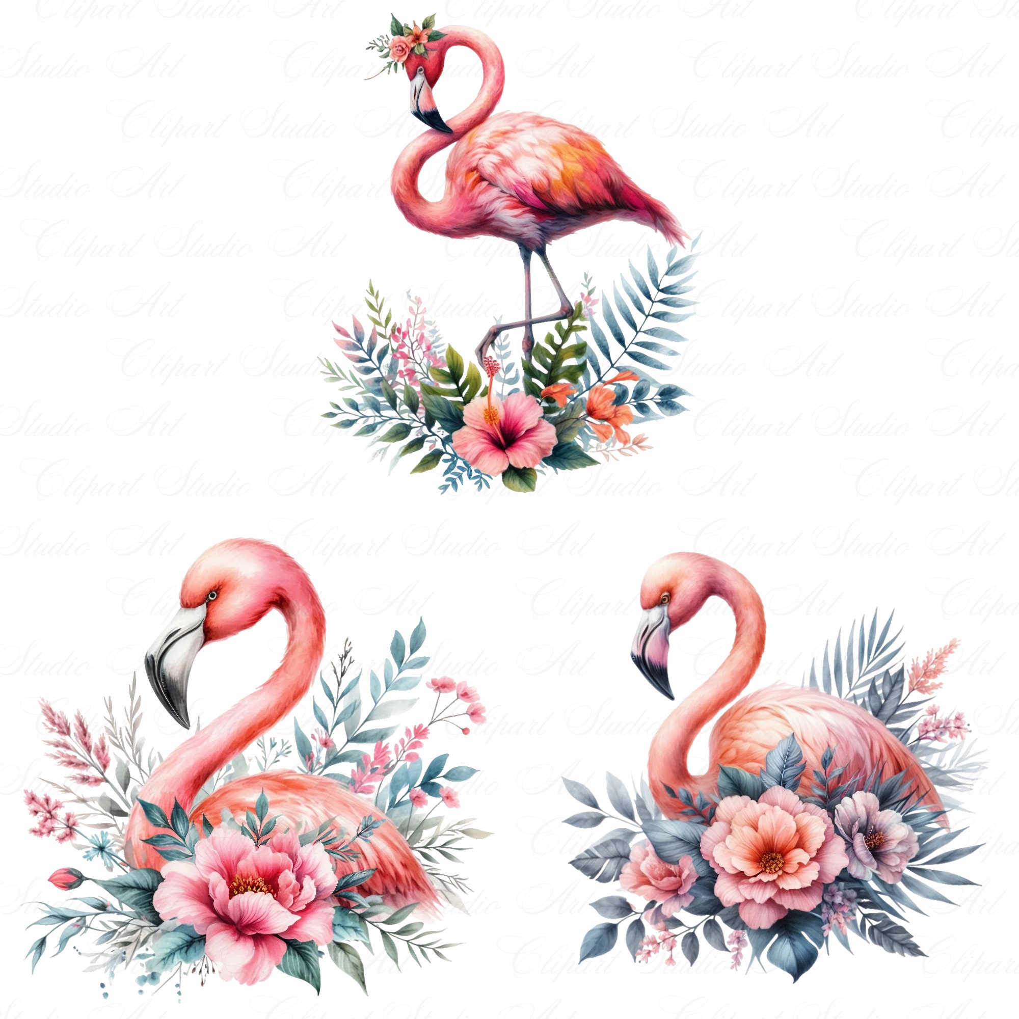 20 Flamingo With Flowers Clipart, Tropical Flamingo Clipart, Watercolor ...