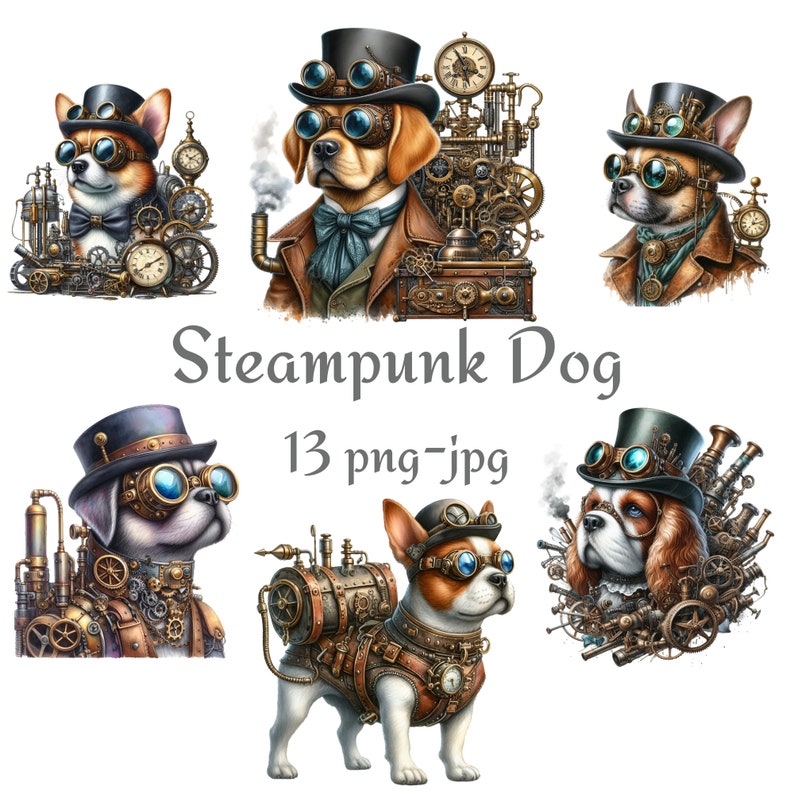 13 Steampunk Dog Clipart, Watercolor Steampunk Dog Clipart, Watercolor ...