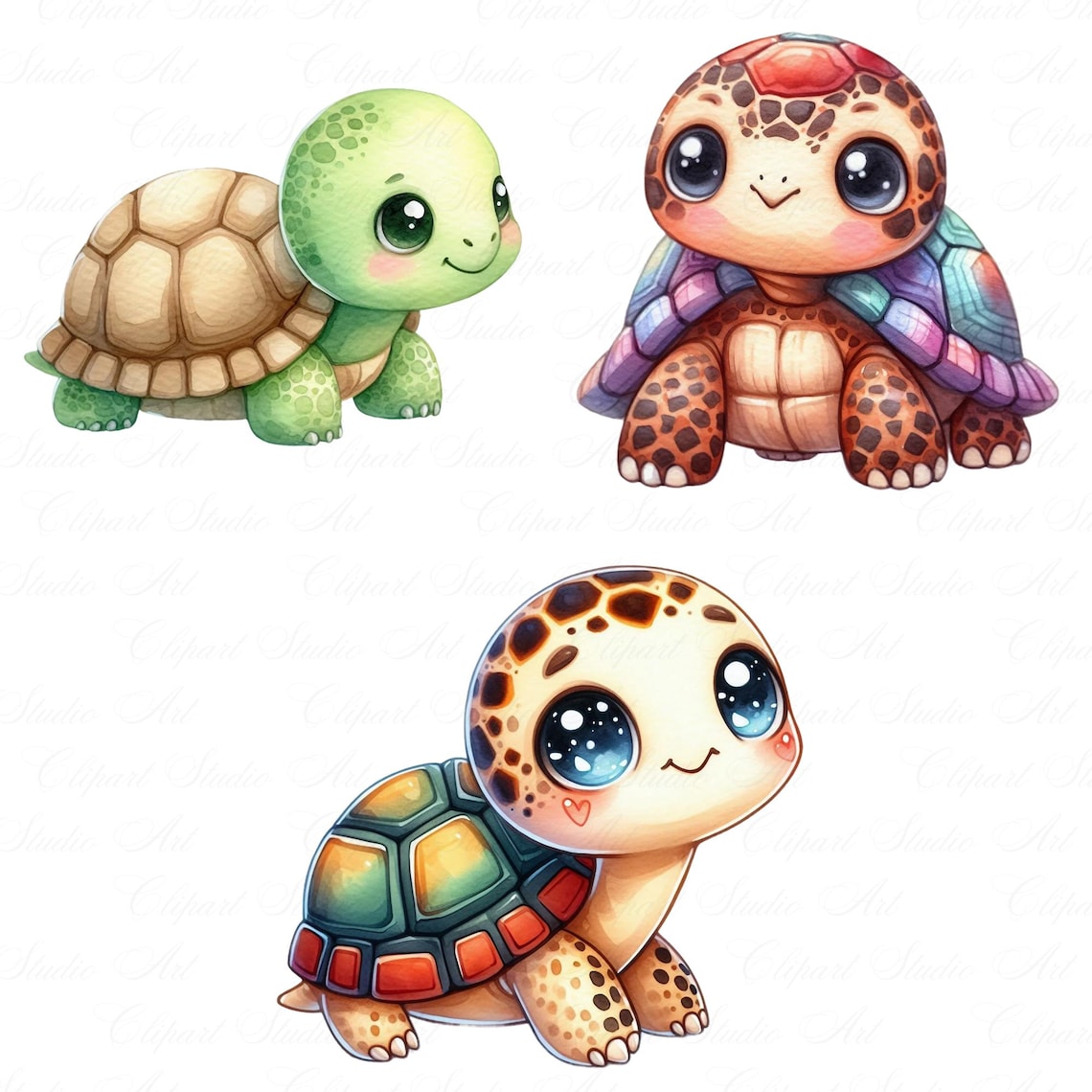 18 Cute Turtles Clipart, Baby Turtle Clipart, Watercolor Cute Turtles ...